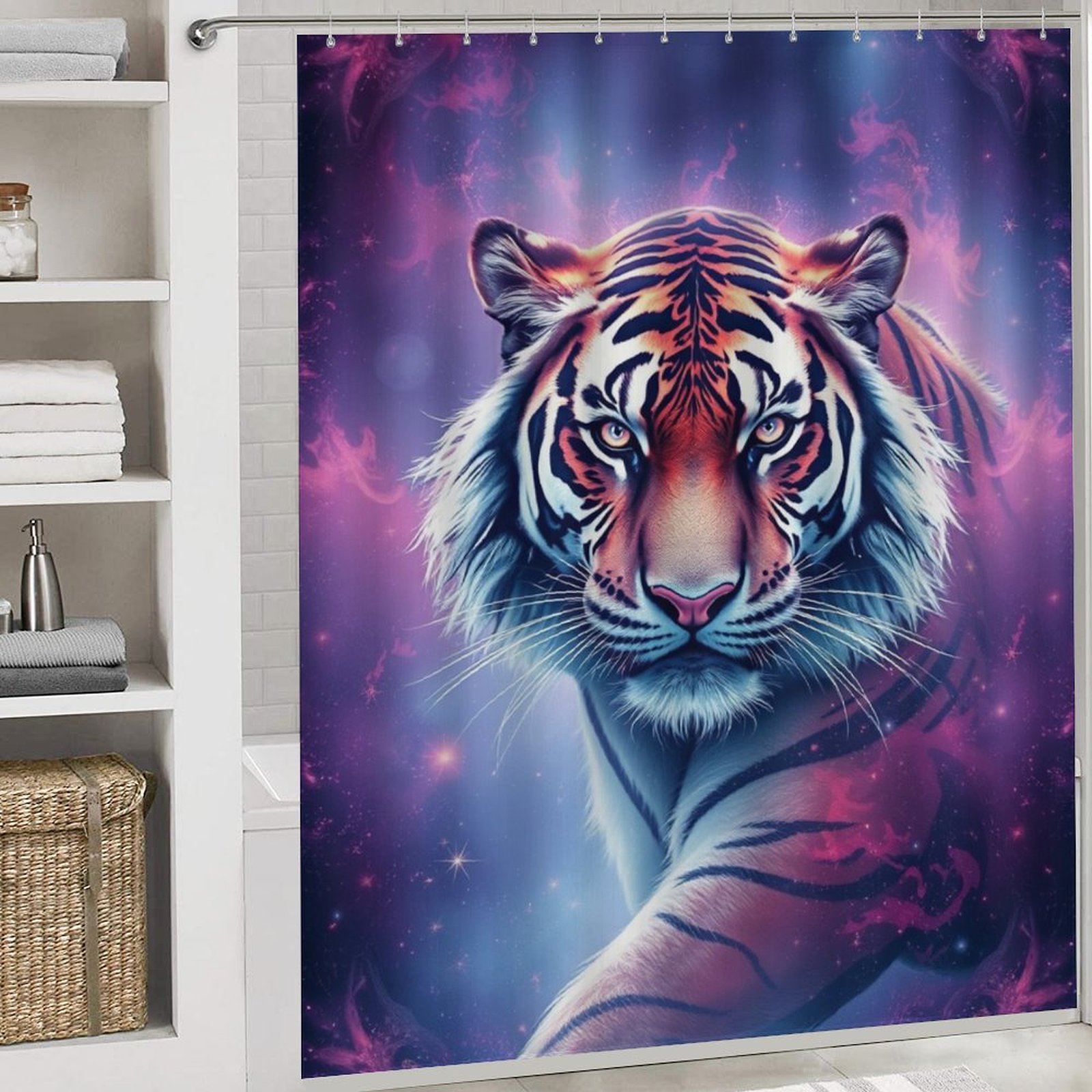 Majestic Cosmic Tiger Vibrant Colors Nebula Background Shower Curtains ...