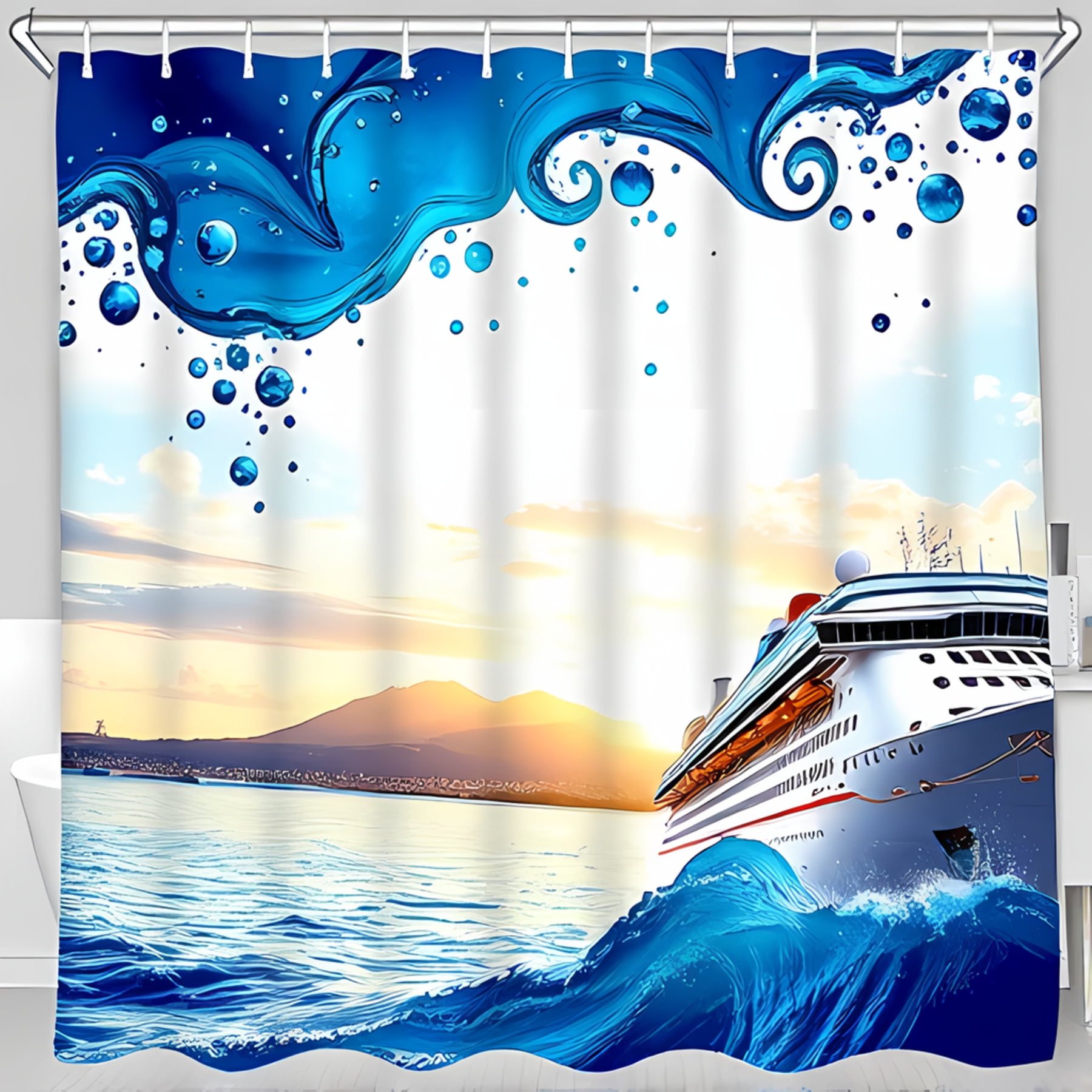 Majestic Cruise Ship Shower Curtain - Vibrant Sunset & Whimsical Waves ...