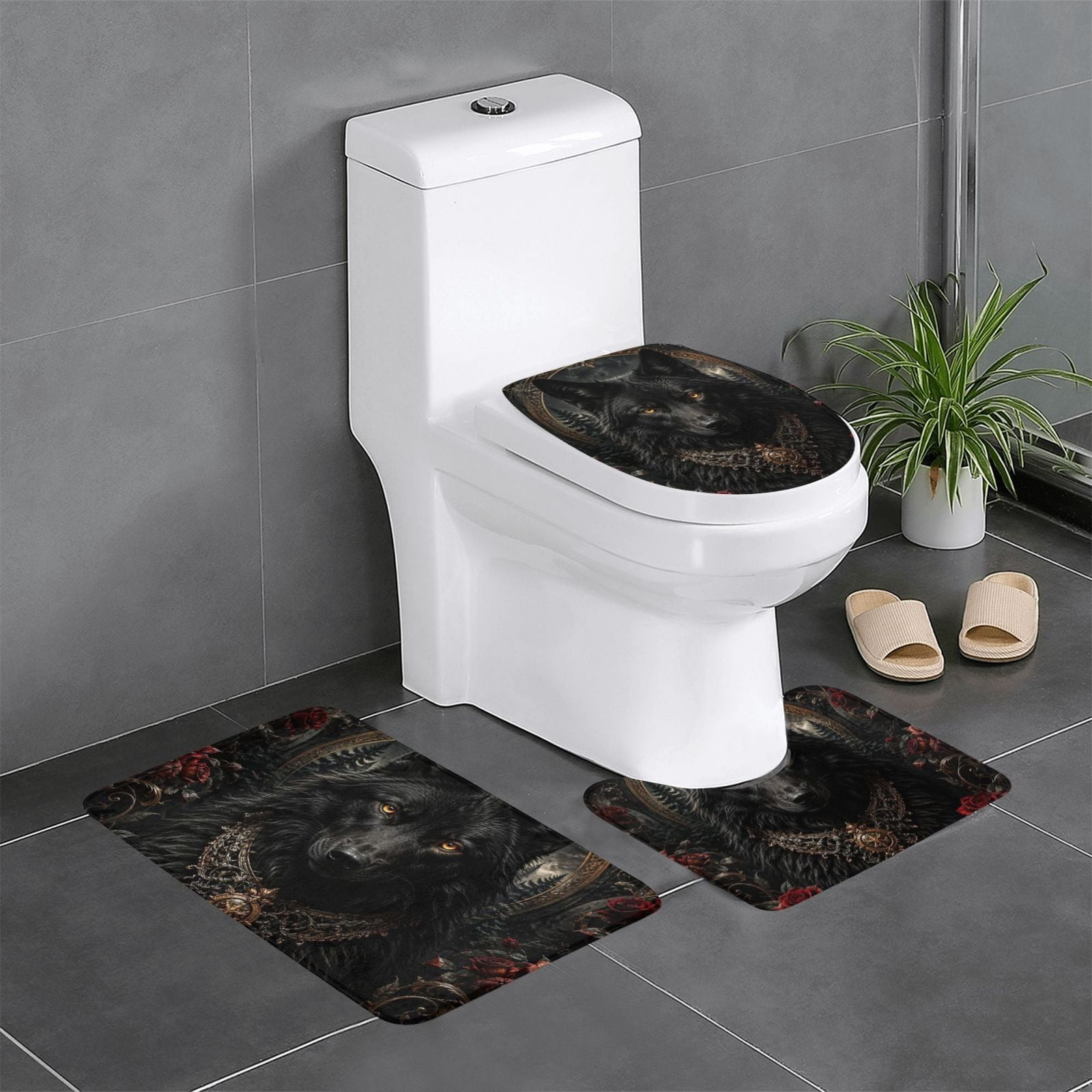 Majestic Dark Wolf Gothic Motif 3-Piece Bathroom Rug Set Non-Slip ...