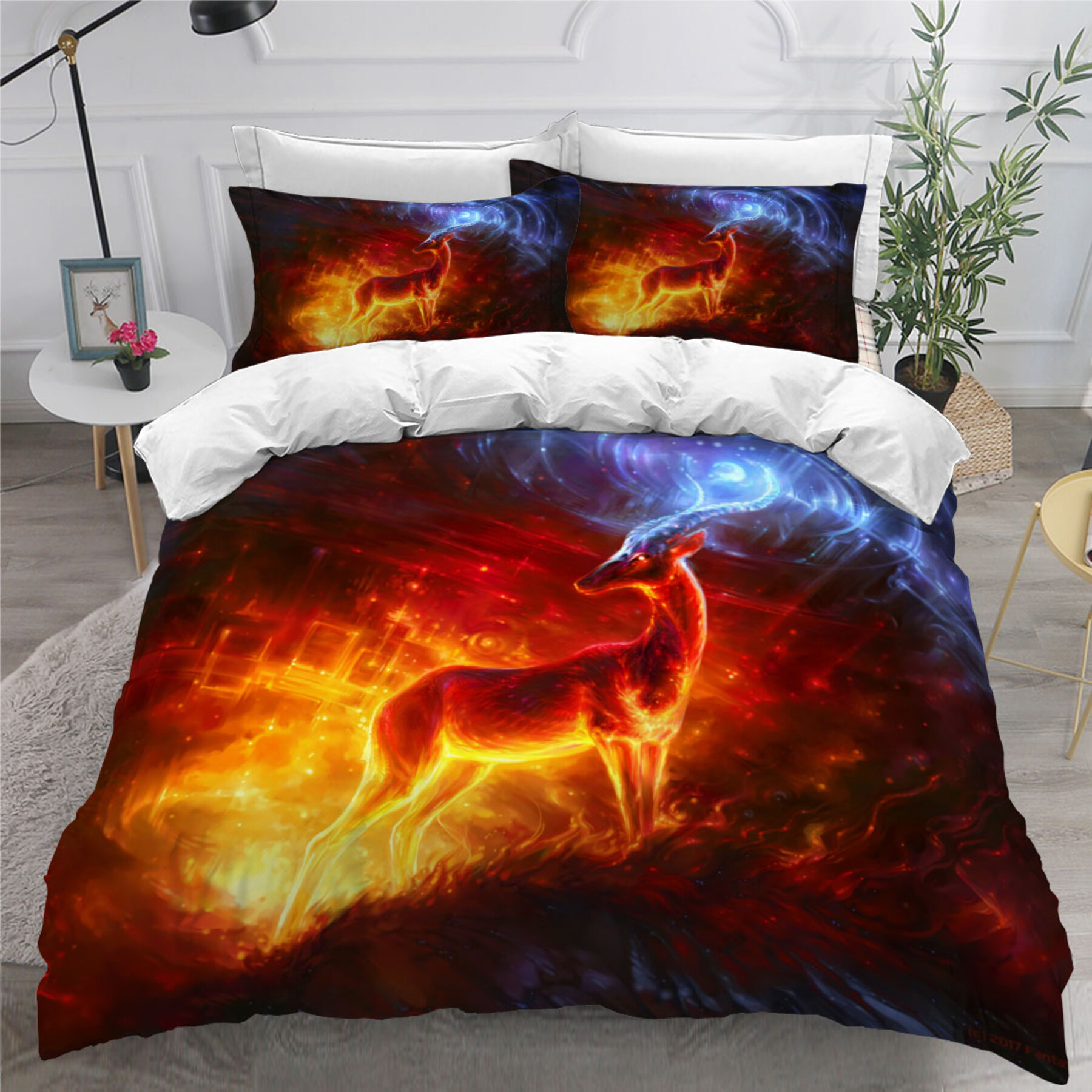 Majestic Deer Bedding Set Fiery Design with Swirls for Luxurious Sleep ...