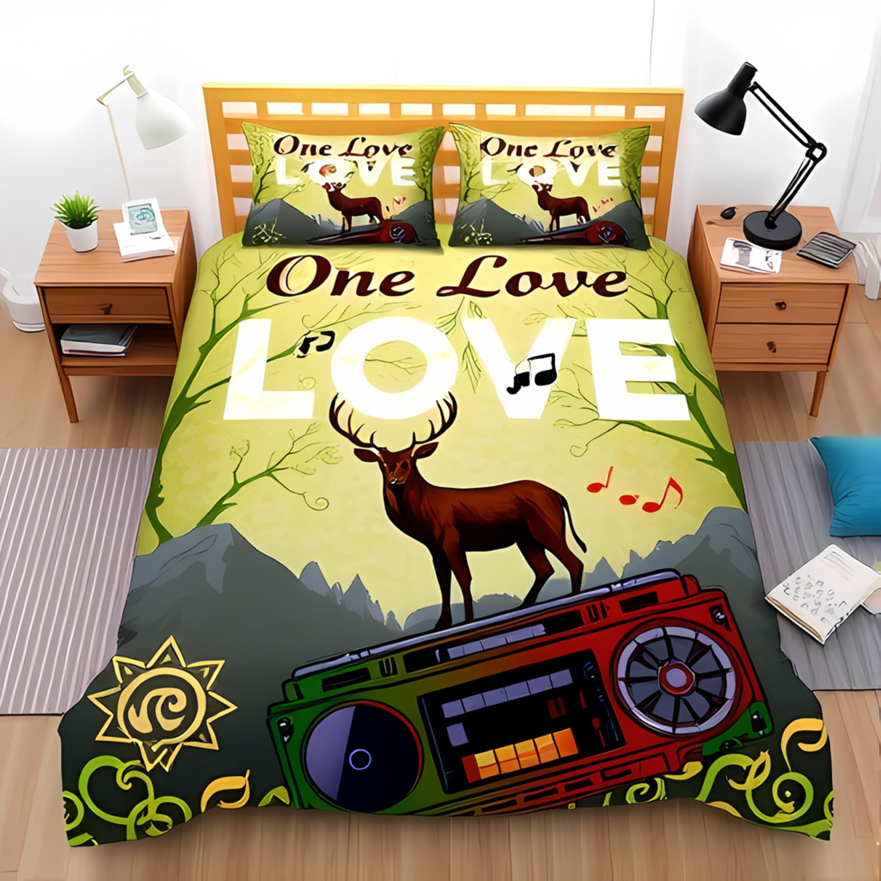 Majestic Deer & Boombox 3-Piece Duvet Cover Set - " One Love " Design ...
