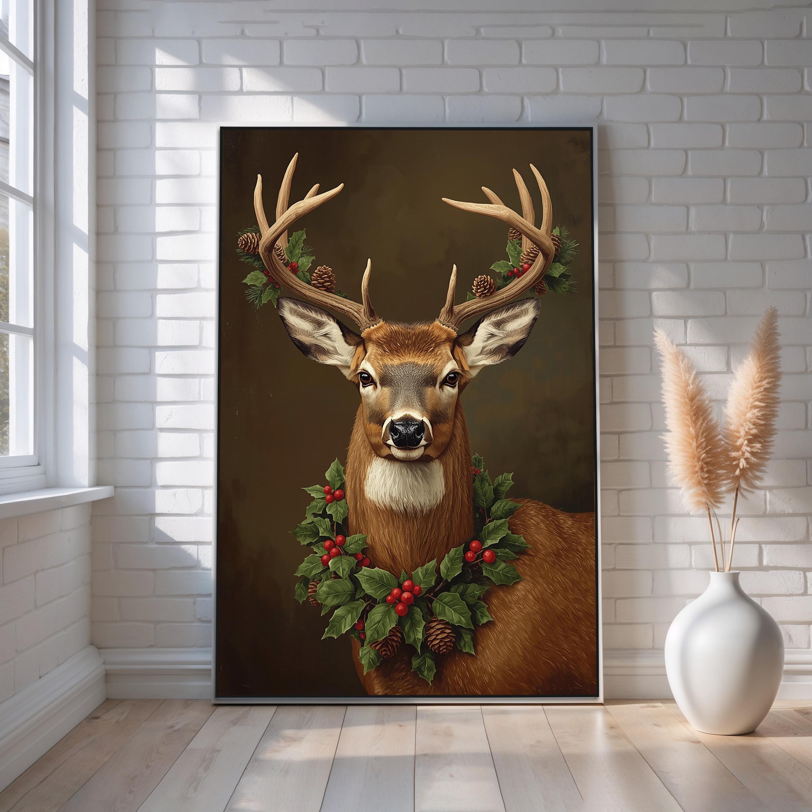 Majestic Deer Kristmas Wall Art, Rustic Decor With Holly & Pinecones ...