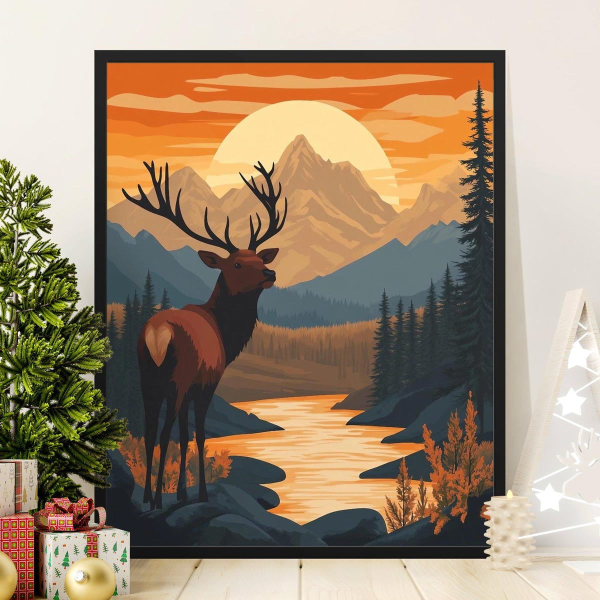 Majestic Deer Mountain Poster, Scenic Wildlife Art Print, Nature ...