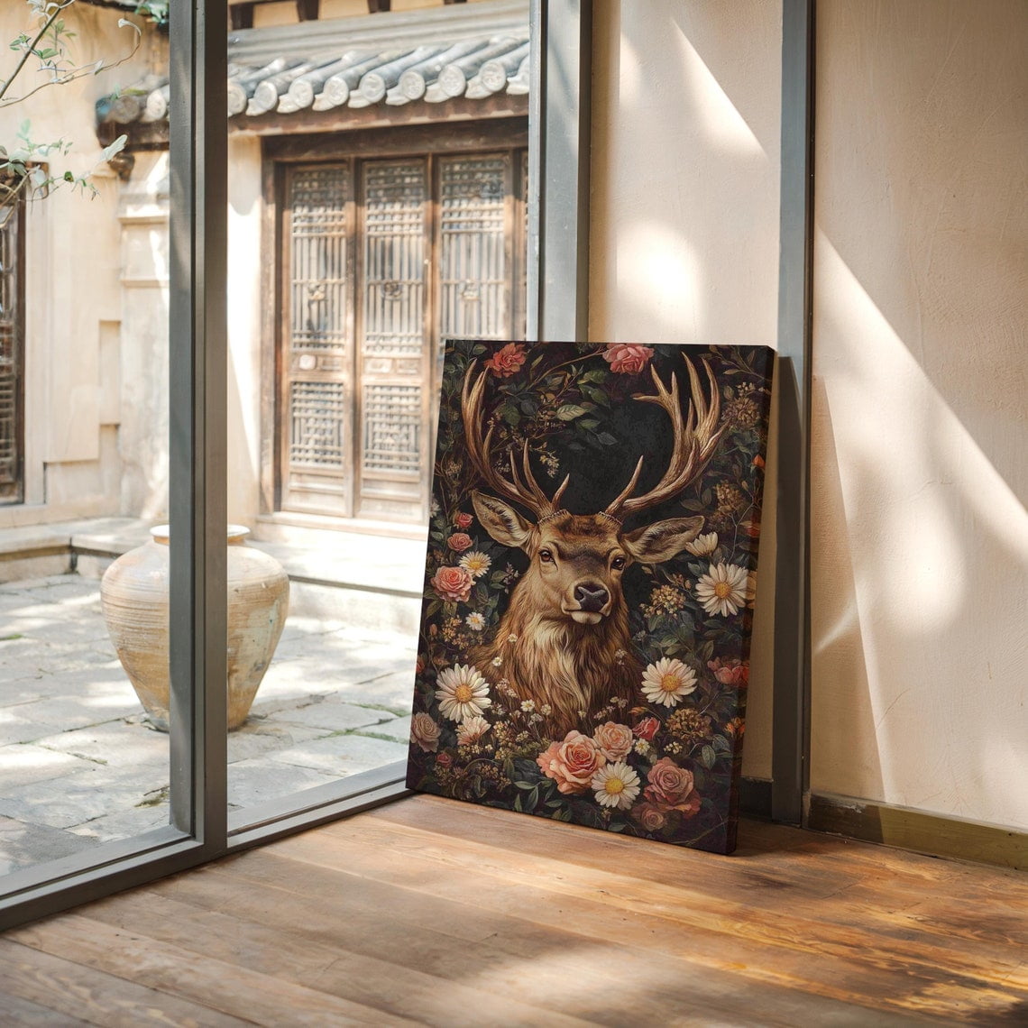 Majestic Deer With Floral Accents – Rustic Wildlife Art, Woodland Wall ...