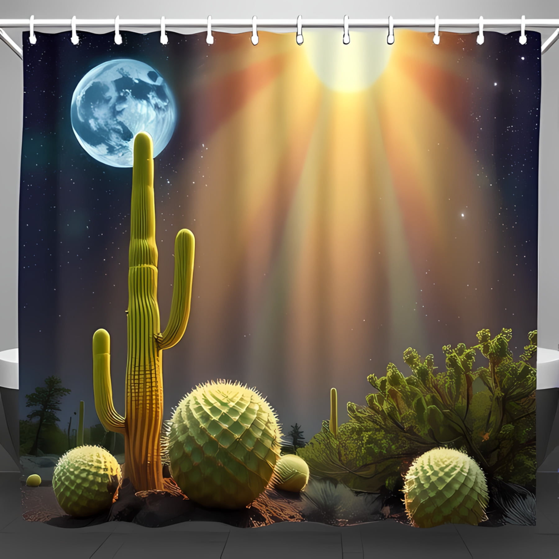 Majestic Desert Shower Curtain with Saguaro Cactus Sunset & Moon ...
