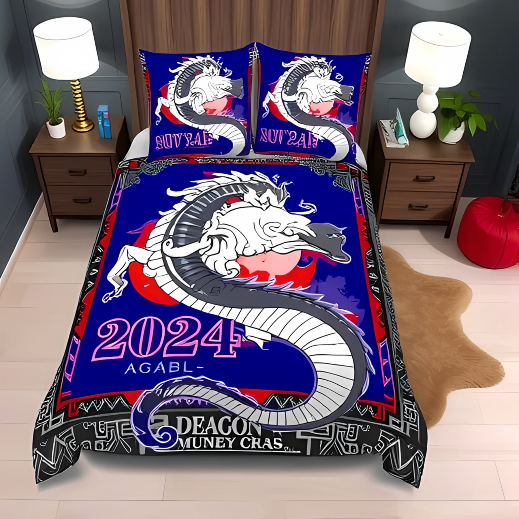 Majestic Dragon 3-Piece Duvet Cover Set - Deep Blue Background with ...