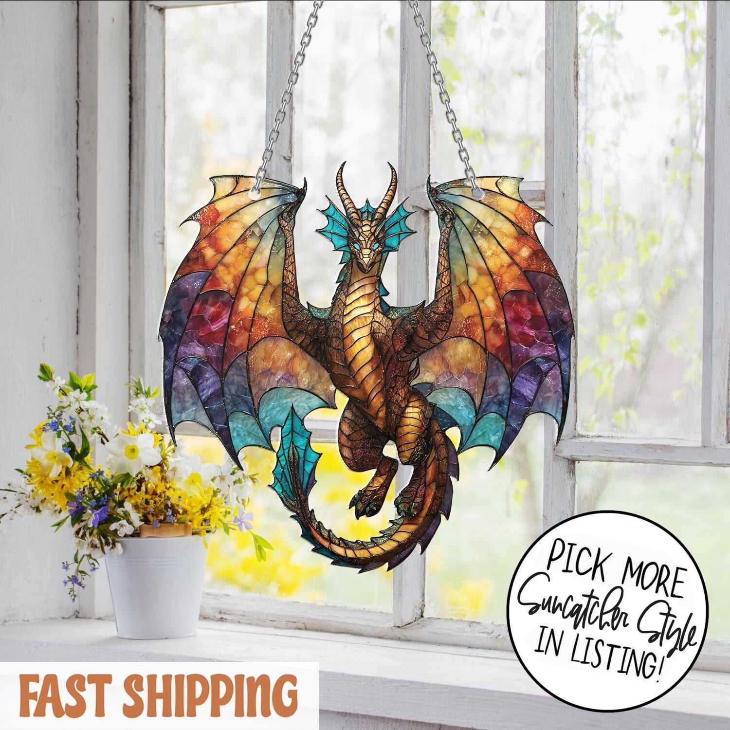 Majestic Dragon Window Hanging, Dragon Ornament, Fantasy Suncatcher ...