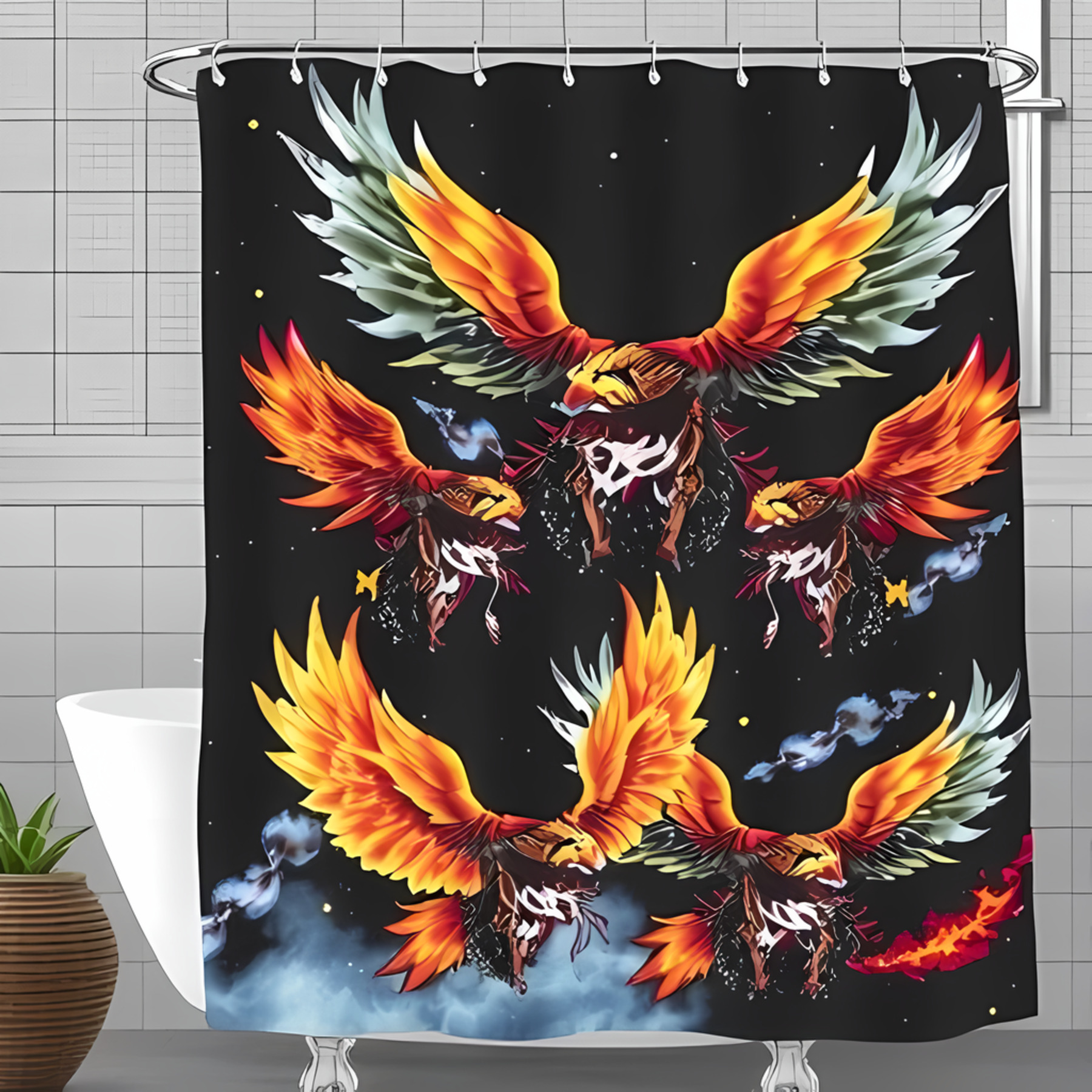 Majestic Eagle Shower Curtain Bold Black Design with Fiery Orange & Yellow Wings - Starlit Night ...