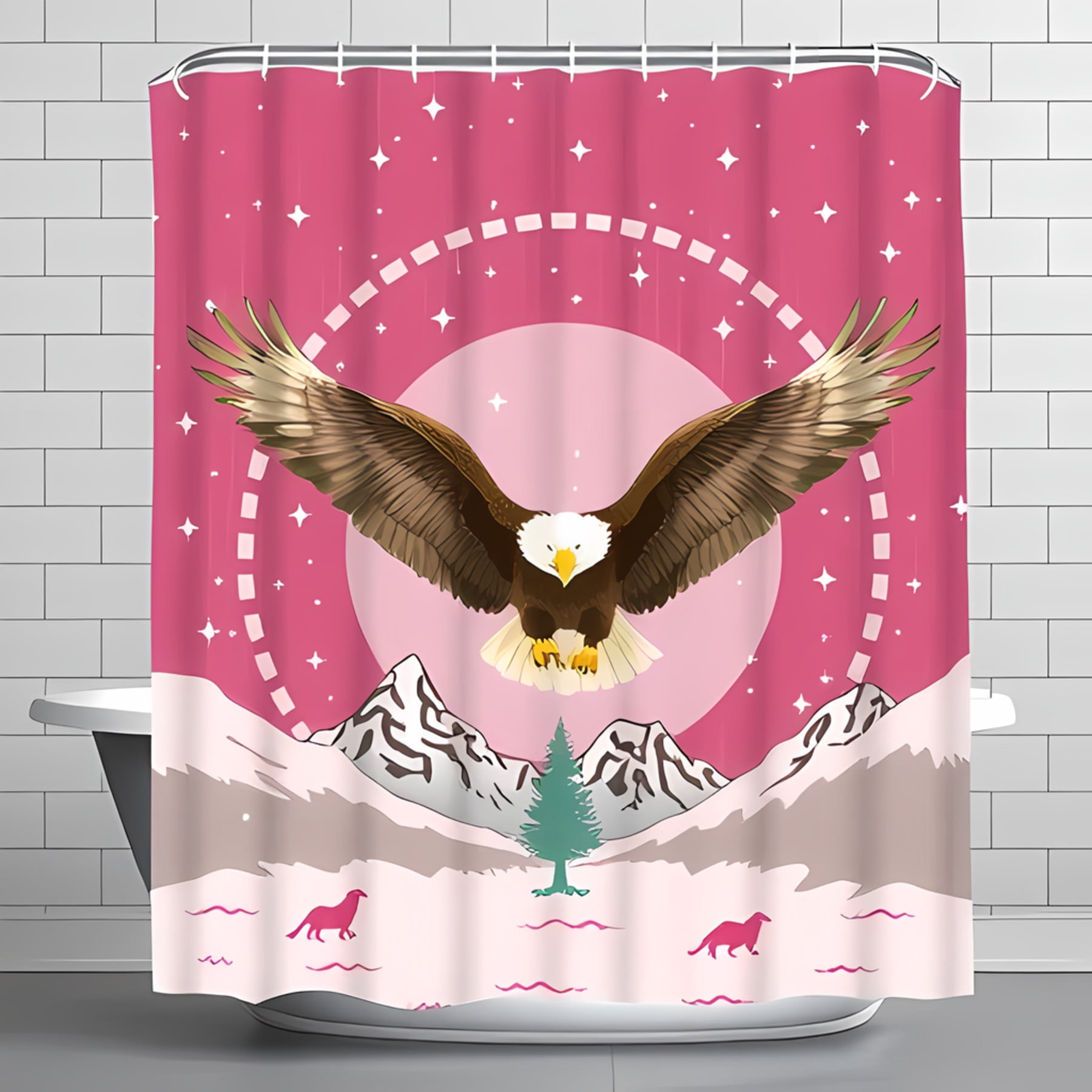 Majestic Eagle Shower Curtain Vibrant Pink Design with Snow-Capped ...