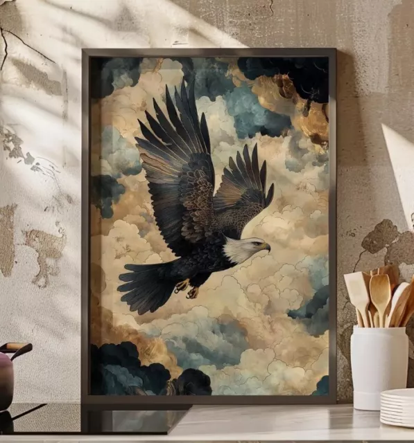 Majestic Eagle Soaring Through The Clouds Classic Vintage Oil Painting ...