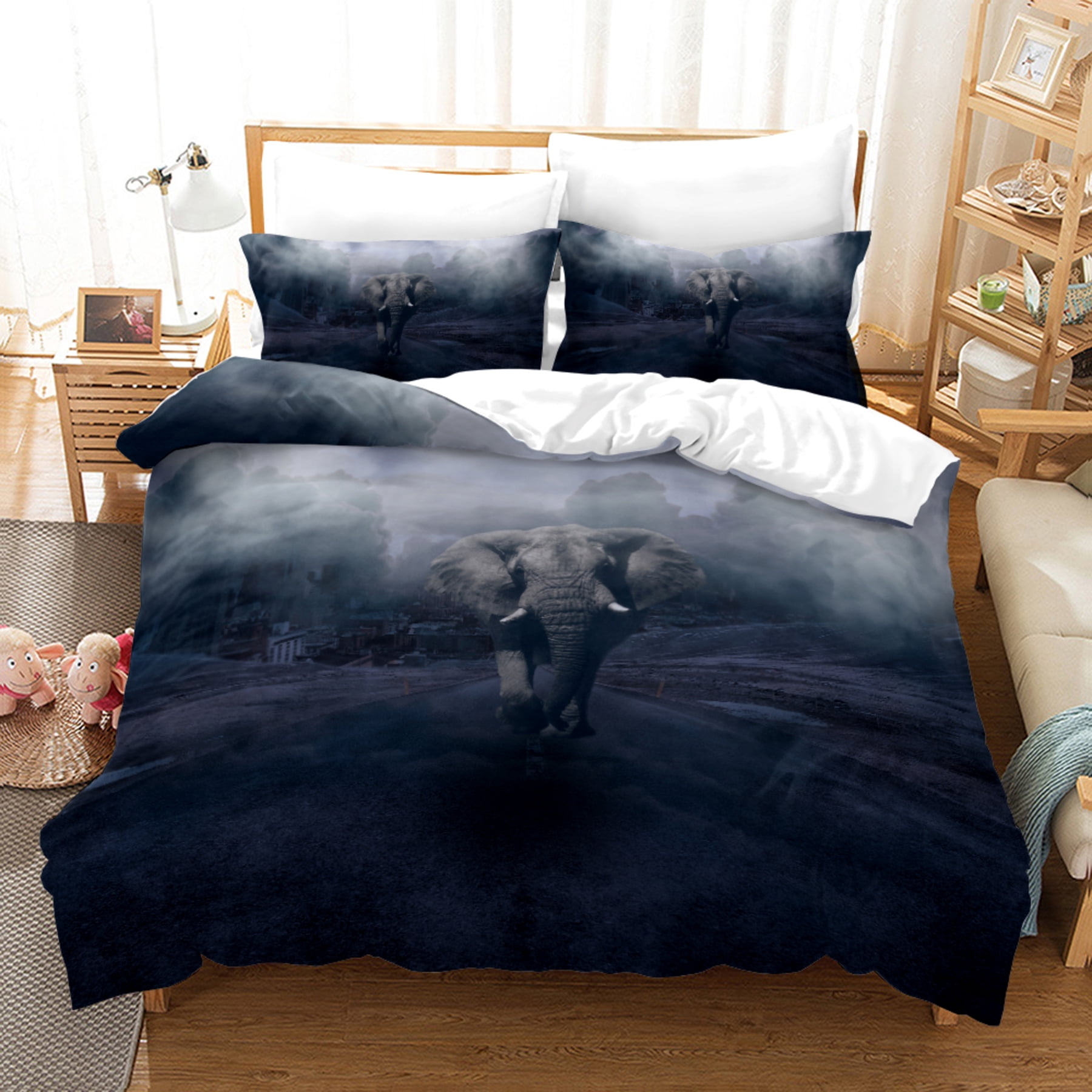 Majestic Elephant Bedding Set Calming Dark Blue & Gray Design for ...