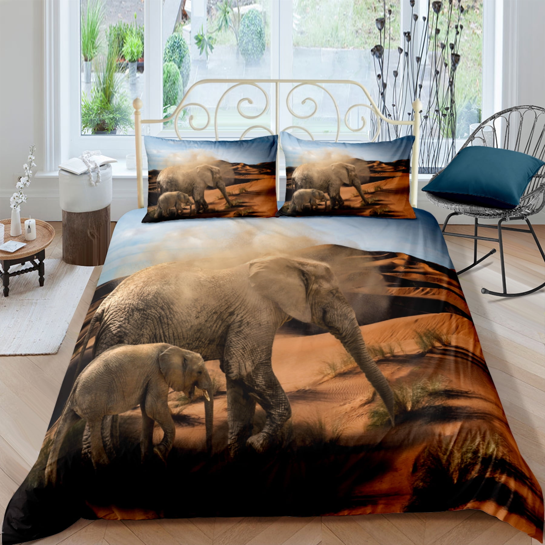 Majestic Elephant Bedding Set Mother & Calf in Desert Scene Luxurious ...