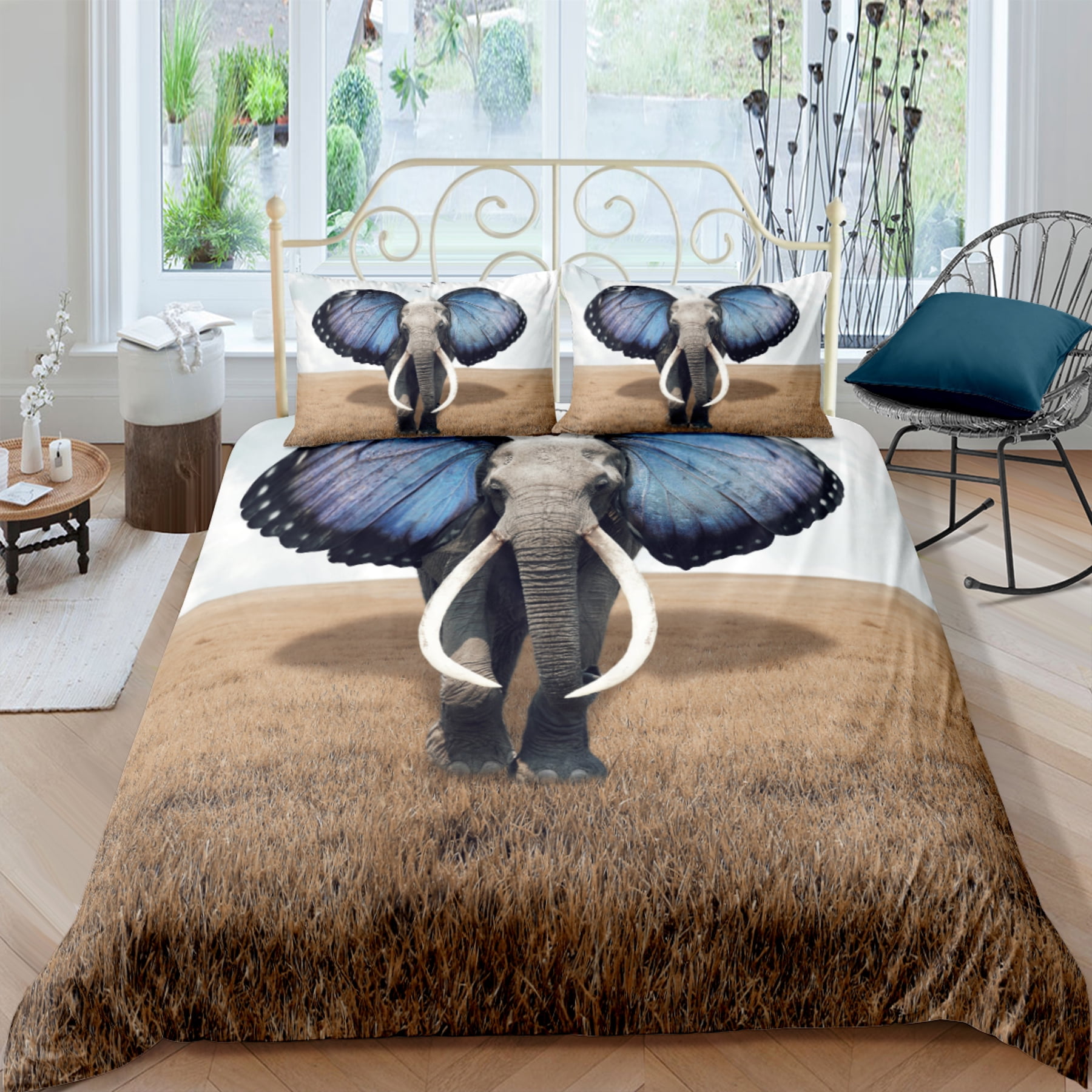 Majestic Elephant Bedding Set with Blue Butterfly Wings - Serene Design ...