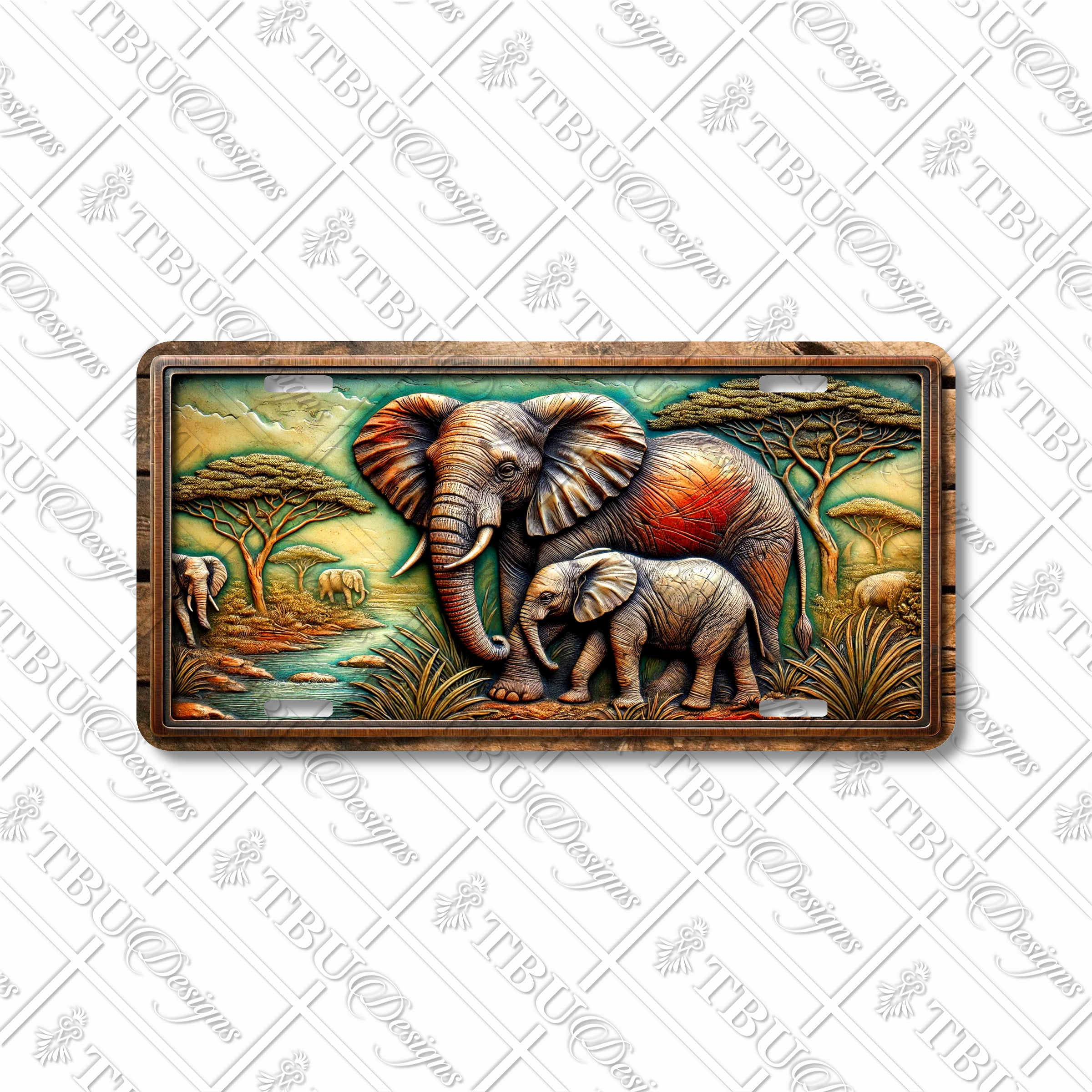 Majestic Elephant Family Scene Aluminum License Plate - Vibrant ...