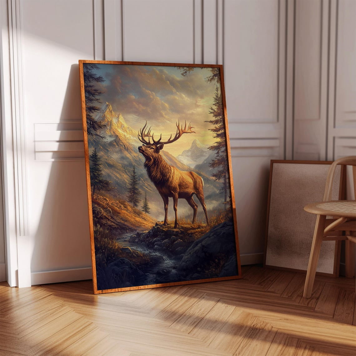 Majestic Elk In Mountain Sunset - Wildlife, Rustic Cabin Decor, Nature ...
