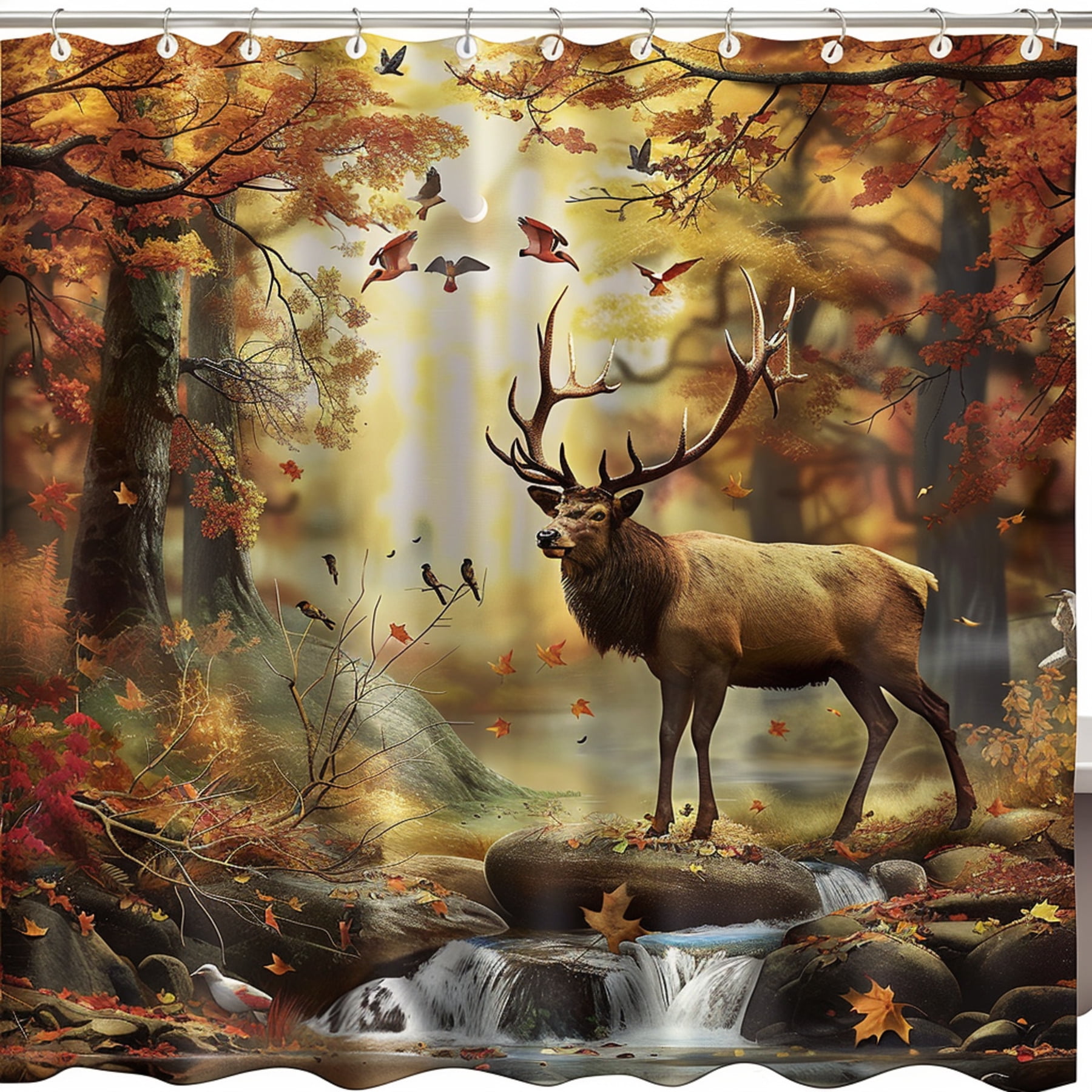 Majestic Elk in Autumn Forest Shower Curtain with Birds and Stream High ...