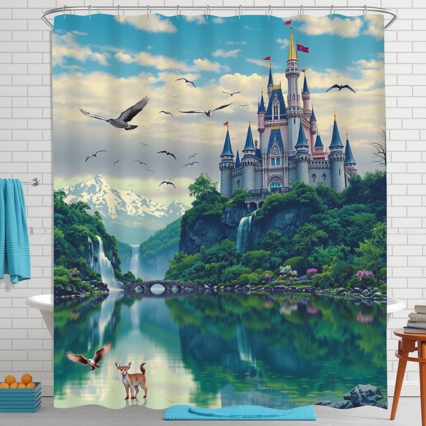 Majestic Fairytale Castle Shower Curtain - Serene Landscape with ...