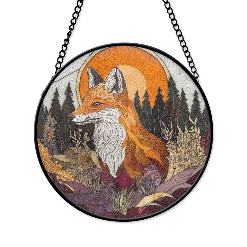 Majestic Fox Stained Glass Panel - Woodland Sunset Scene Window Decor ...