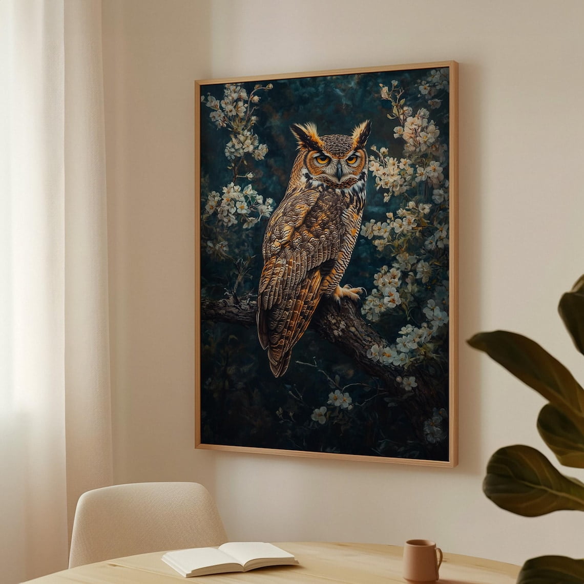 Majestic Great Horned Owl Art With White Flowers, Wildlife Wall Decor ...