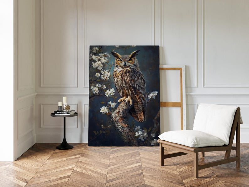Majestic Great Horned Owl Canvas Art, Floral Accents & Wildlife Decor ...