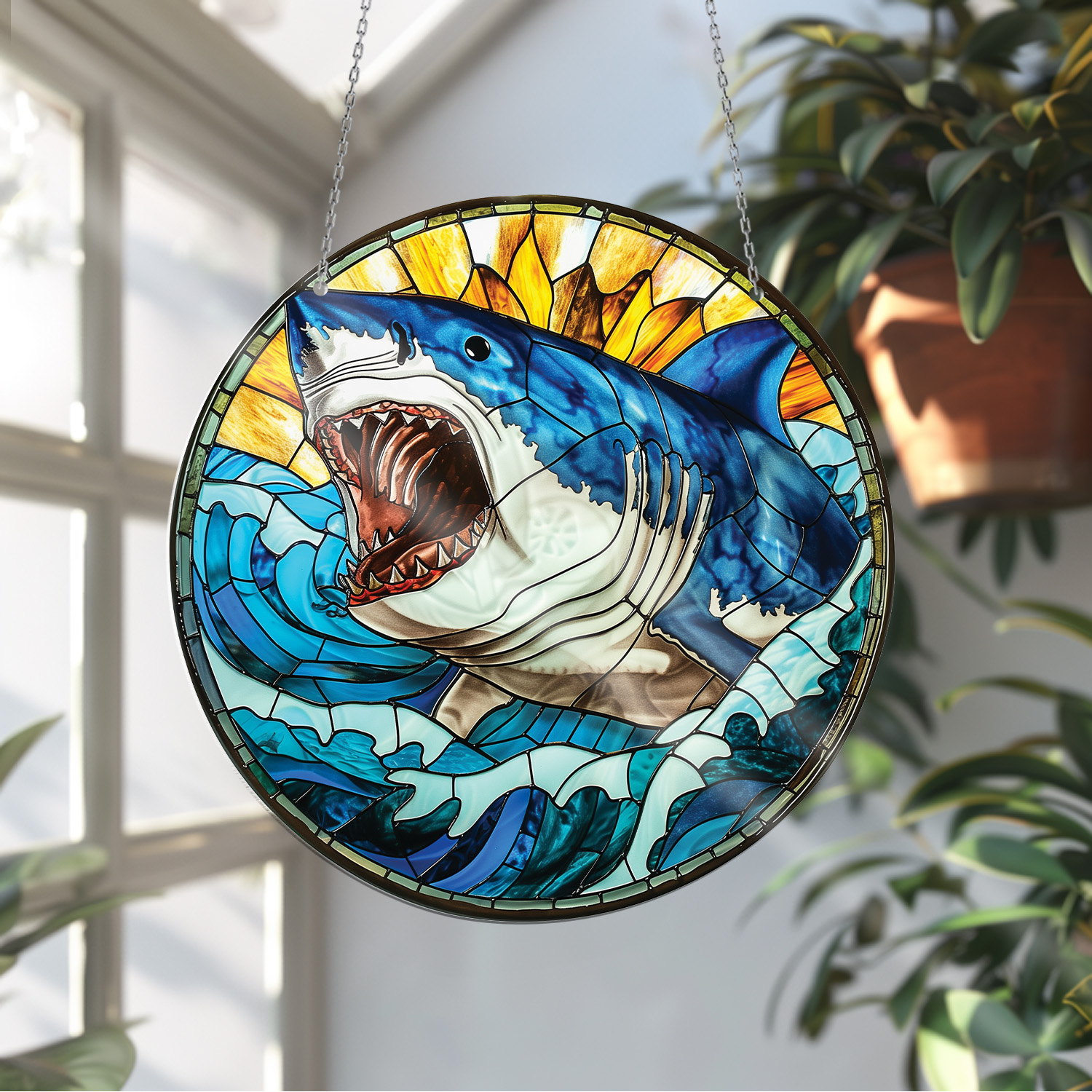Majestic Great White Shark Acrylic Window Hanging - Stained Glass Ocean ...