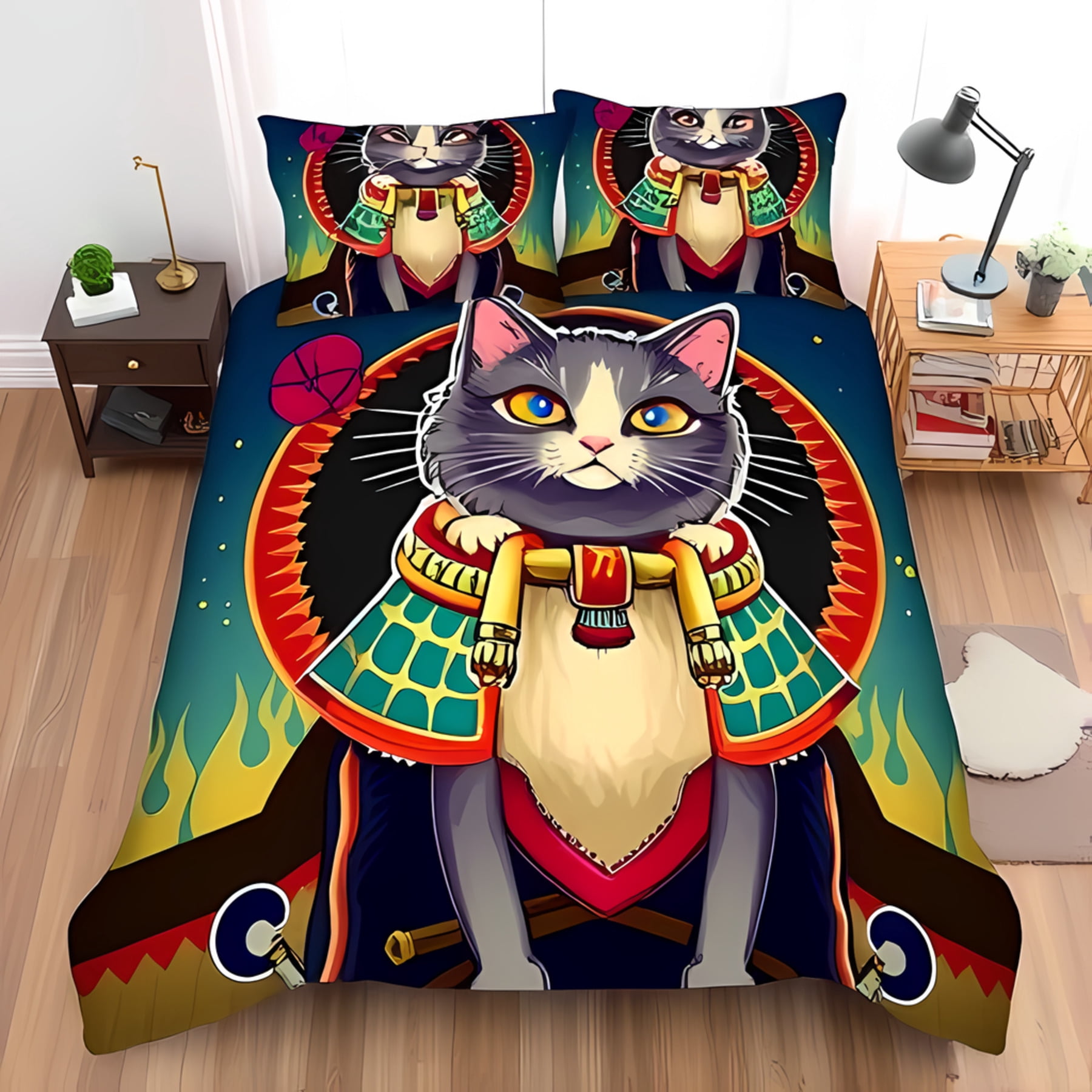 Majestic Grey Cat in Samurai Duvet Cover Set - 3-Piece Bedding with ...