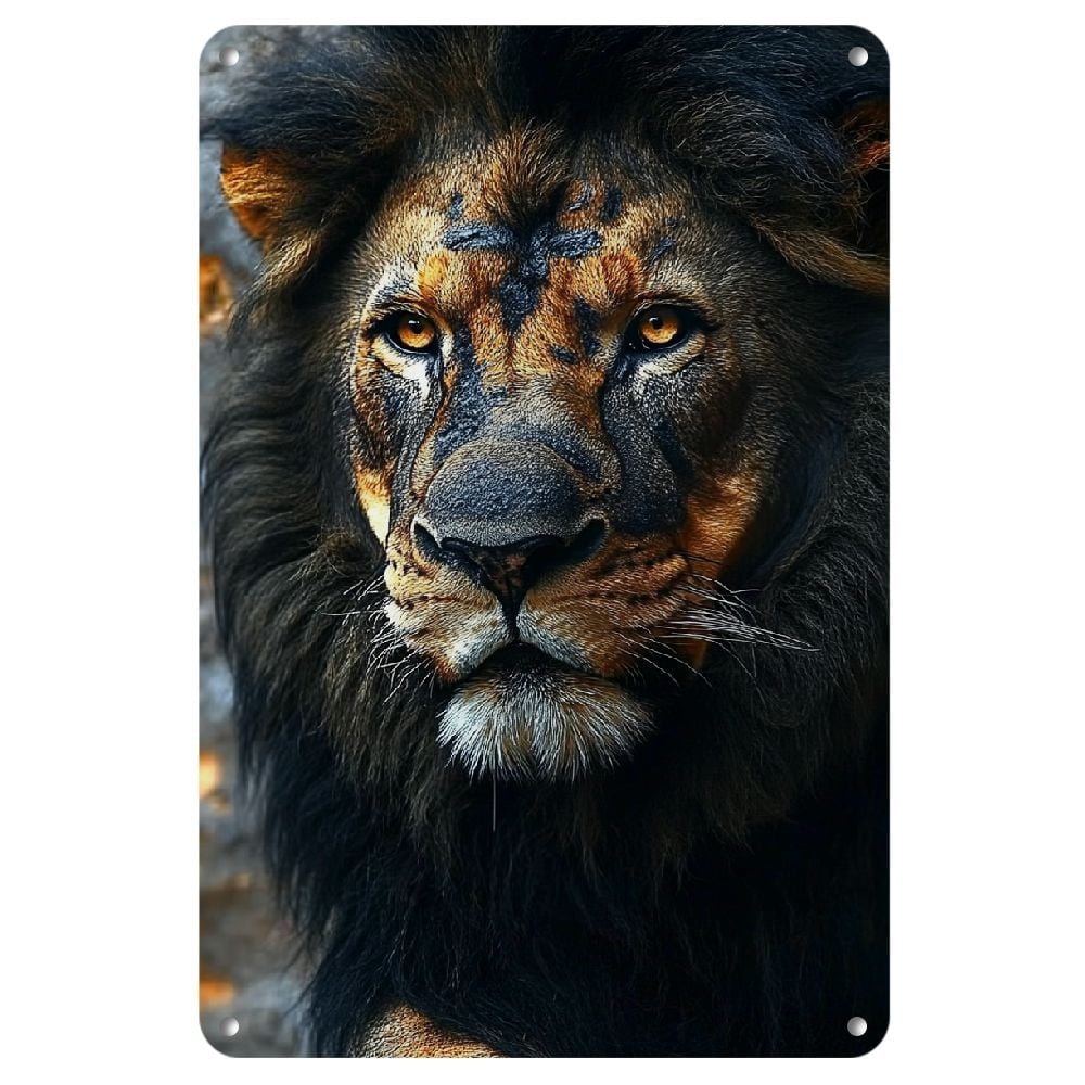 Majestic Lion Iron Wall Art - Retro Metal Sign with Glowing Amber Eyes ...