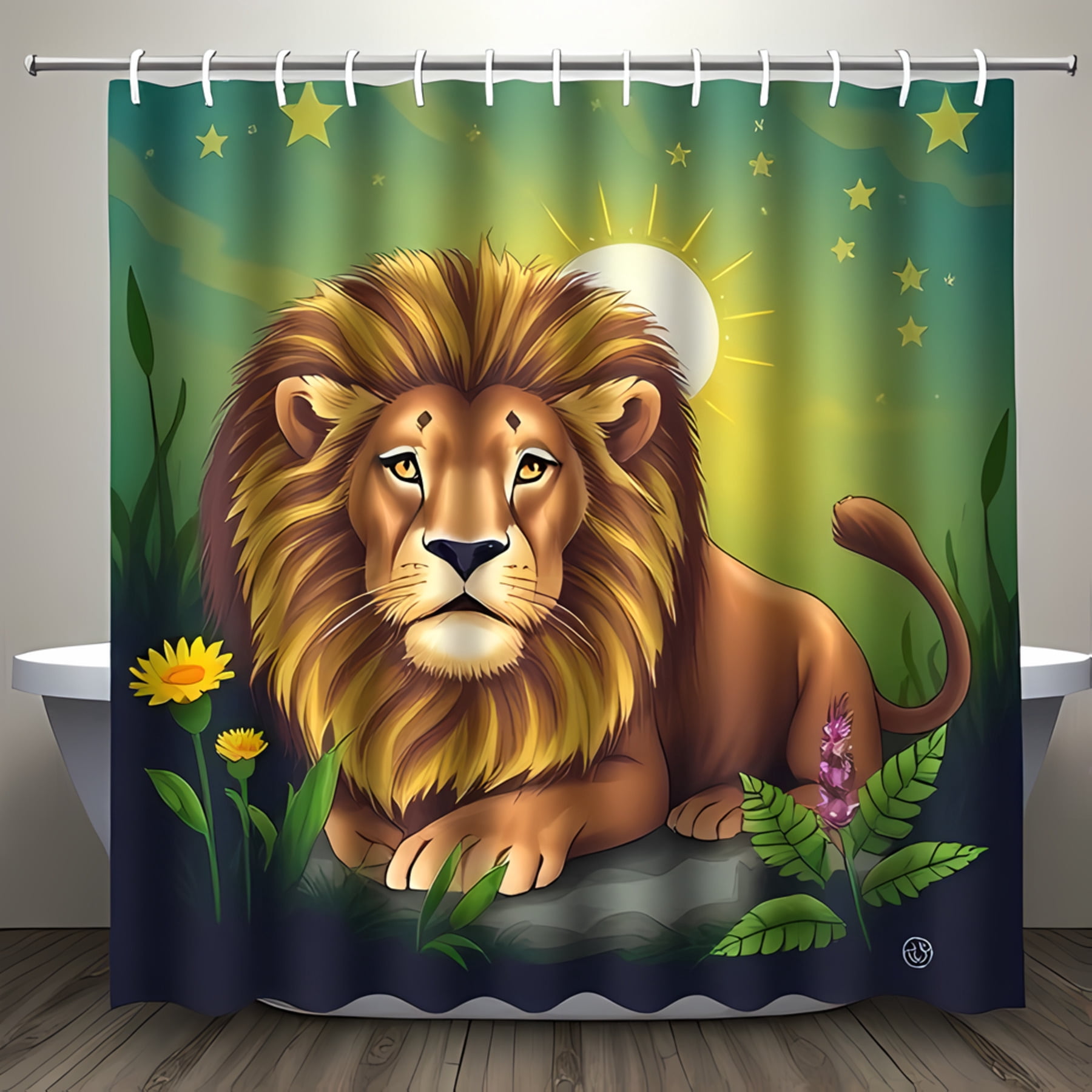 Majestic Lion Shower Curtain - Vibrant Cartoon Style with Amber Green ...