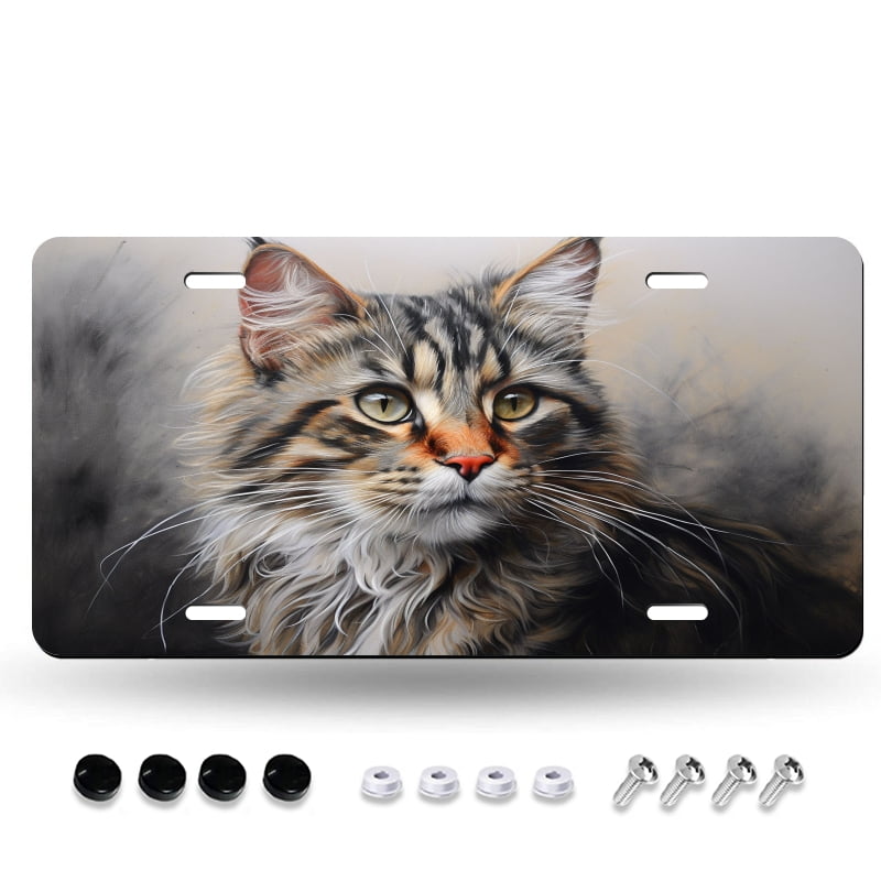 Majestic Maine Coon Cat with Long Lowing Brown Fur License Plate Frame ...