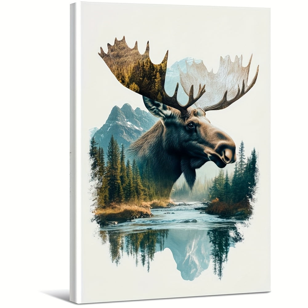 Majestic Moose With Large Antlers By A Lake. Large Wooden Framed Wall ...