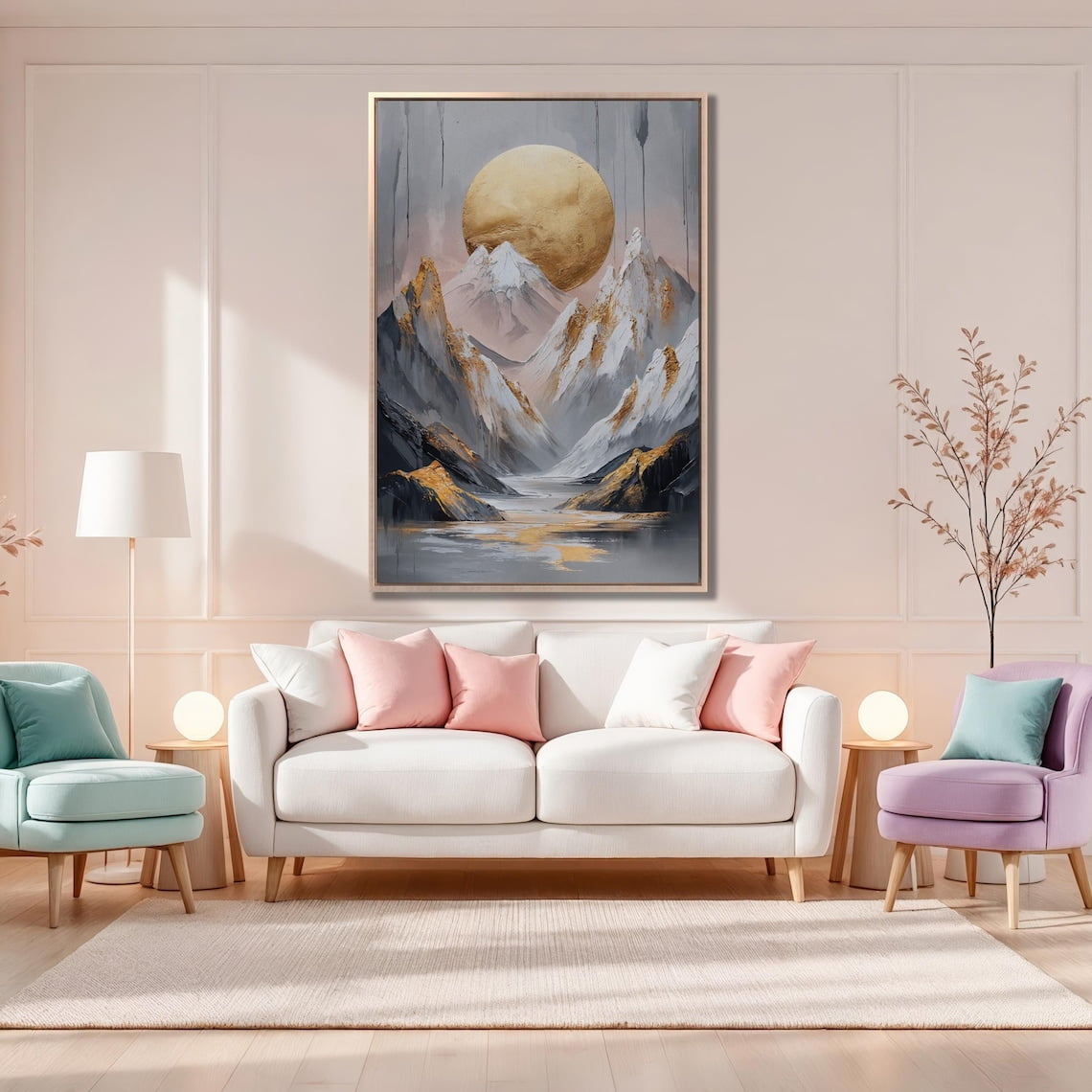 Majestic Mountain And Golden Moon Poster: Abstract Landscape Wall Art ...