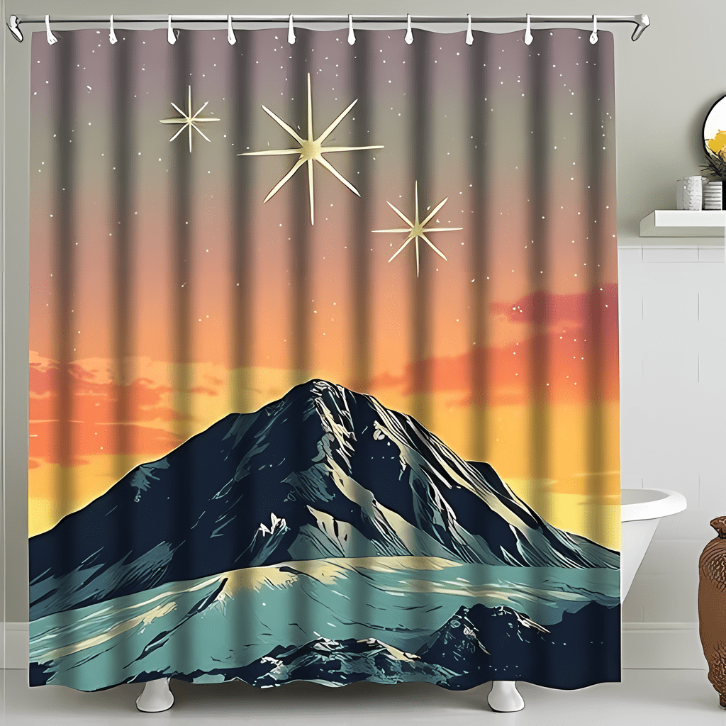 Majestic Mountain Range Shower Curtain - Vibrant Sunset Sky with Golden ...