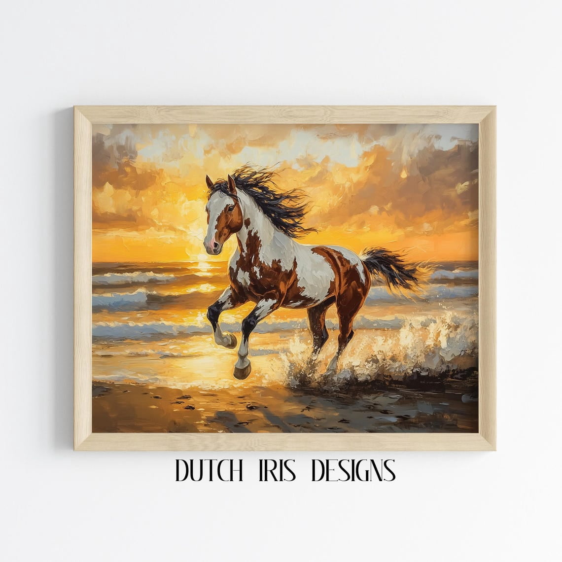 Majestic Paint Horse Galloping On Beach, Coastal Sunset Scene, Wall Art ...