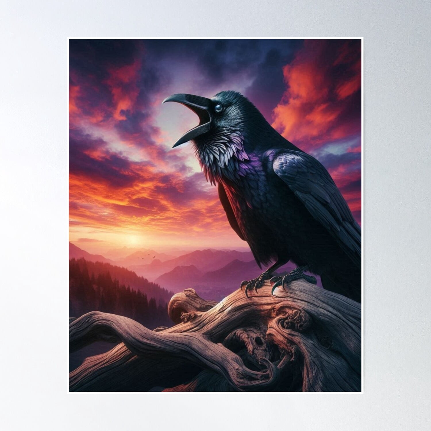 A Majestic Raven Perches On A Twisted Branch, Its Beak Open As If ...