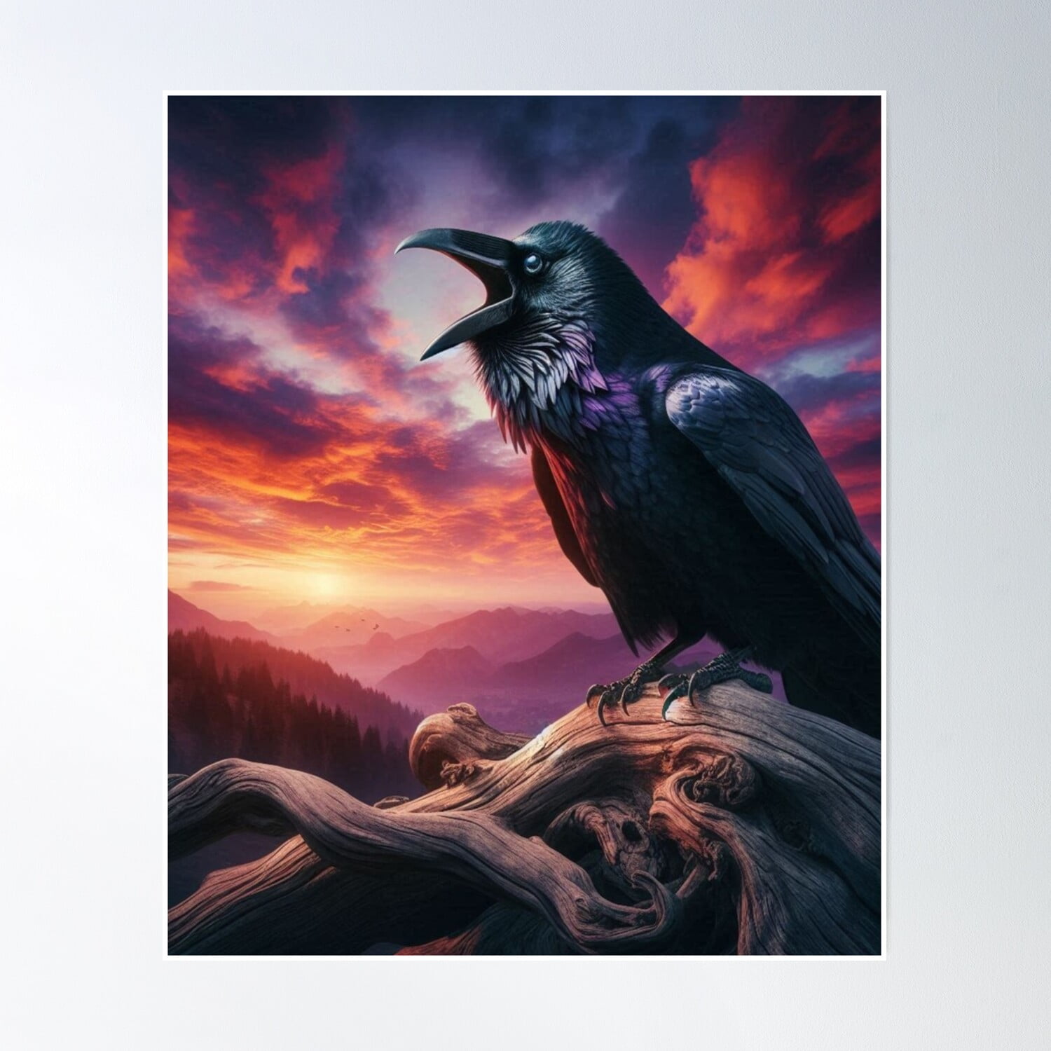 A Majestic Raven Perches On A Twisted Branch, Its Beak Open As If ...