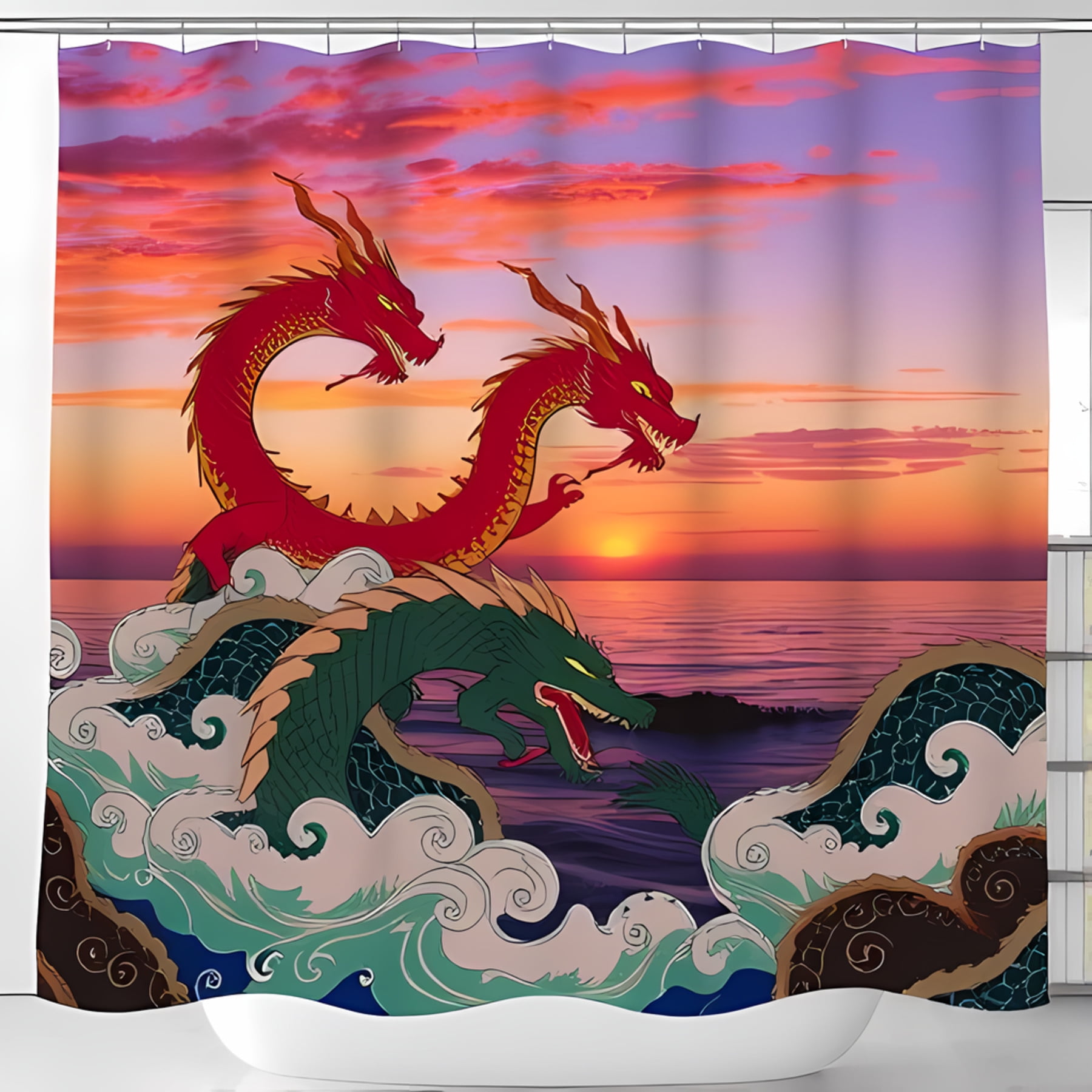 Majestic Red Dragons Shower Curtain - Vibrant Ocean Sunset Design with ...