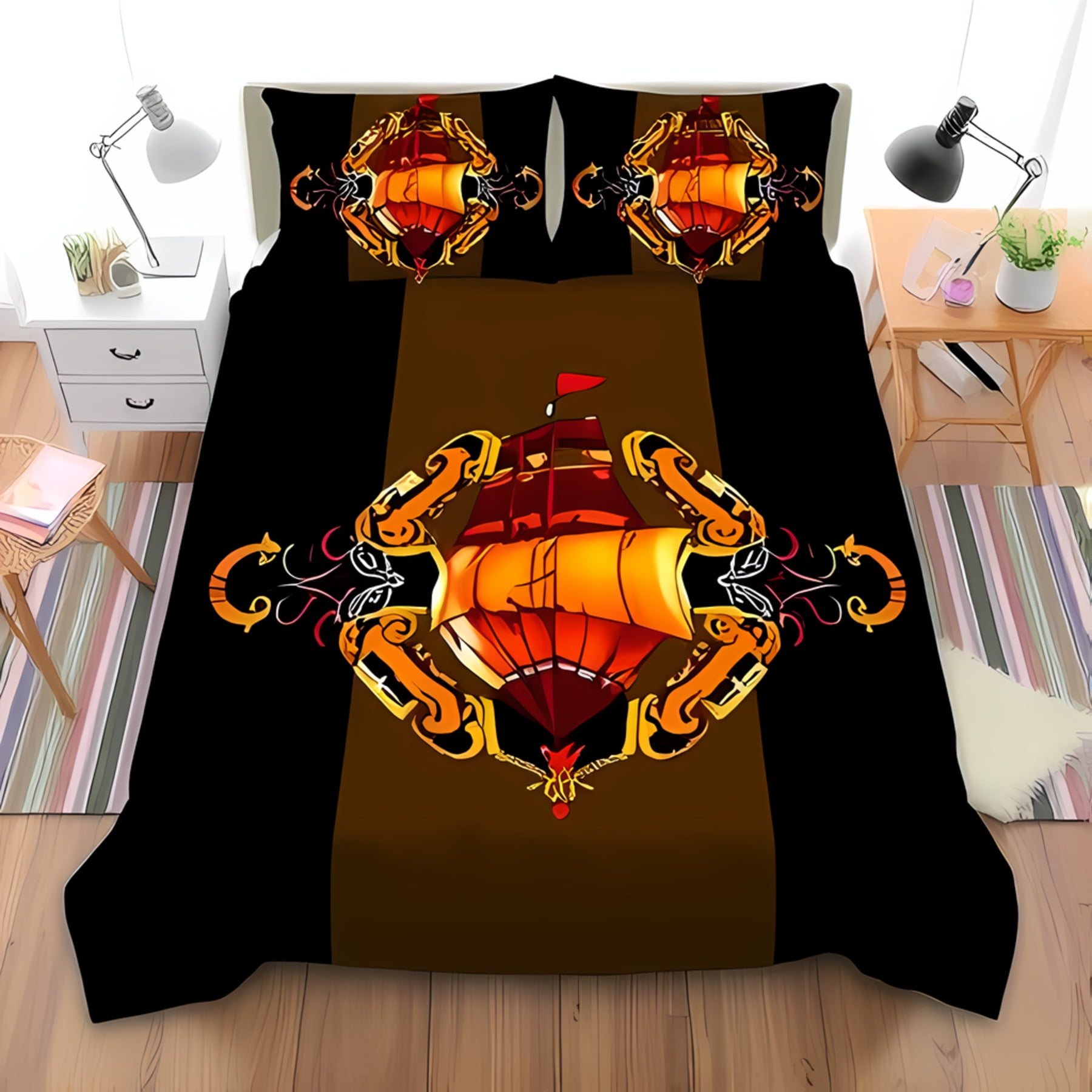 Majestic Sailing Ship 3-Piece Duvet Cover Set with Gold Filigree on ...