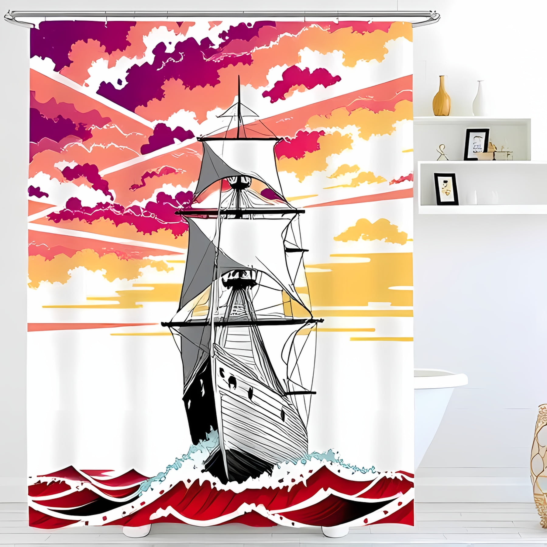 Majestic Sailing Ship Shower Curtain - Black & White Art with Vibrant ...