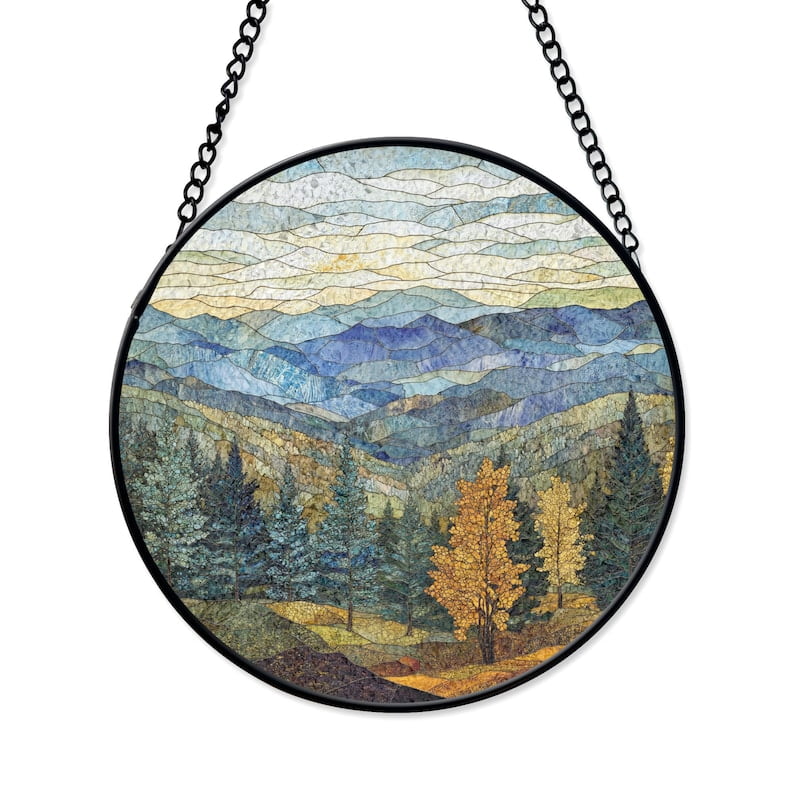 Majestic Stained Glass Mountain Landscape Panel with Forest and Sunset ...