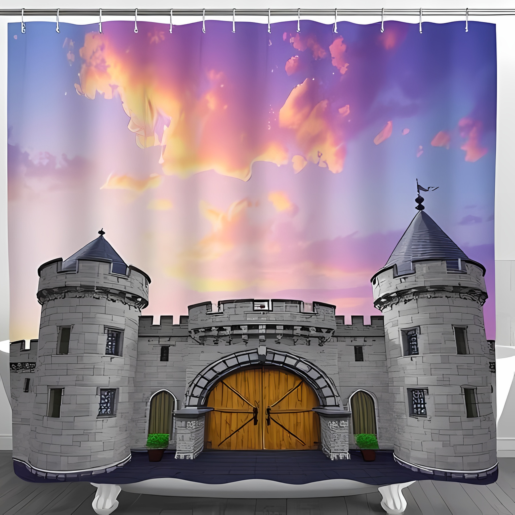 Majestic Stone Castle Shower Curtain - Breathtaking Pastel Sunset ...