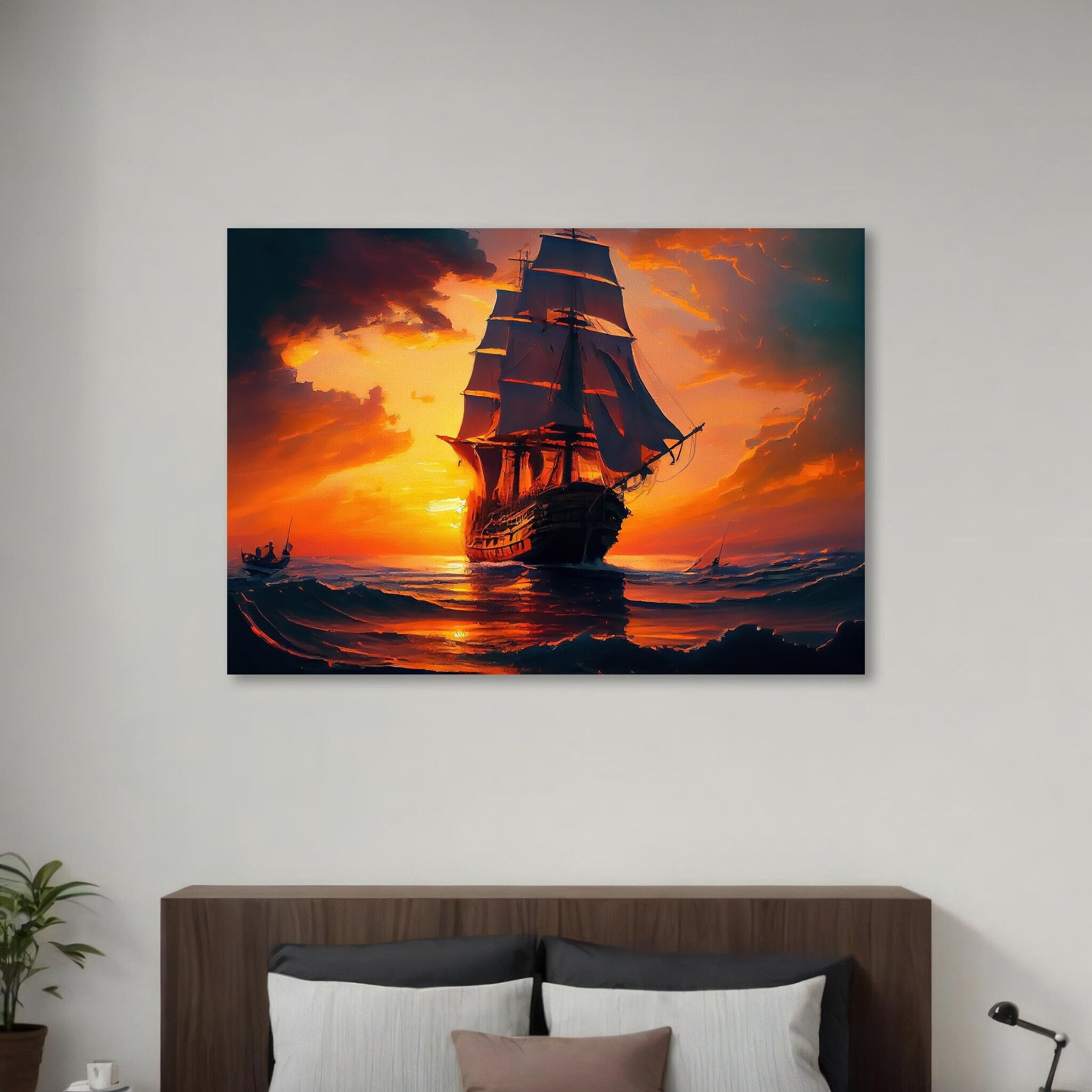 Majestic Sunset Ship Art, Dramatic Nautical For Living Room, Modern ...