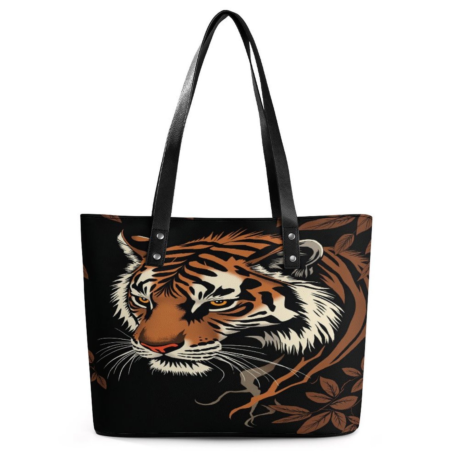 Majestic Tiger Dark Leaves Background Handbags PU Leather Shoulder Bag ...