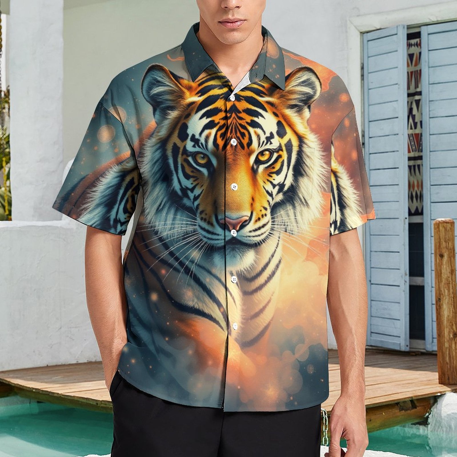 Majestic Tiger Mystical Fiery Background Male Retro Print Casual Shirts ...