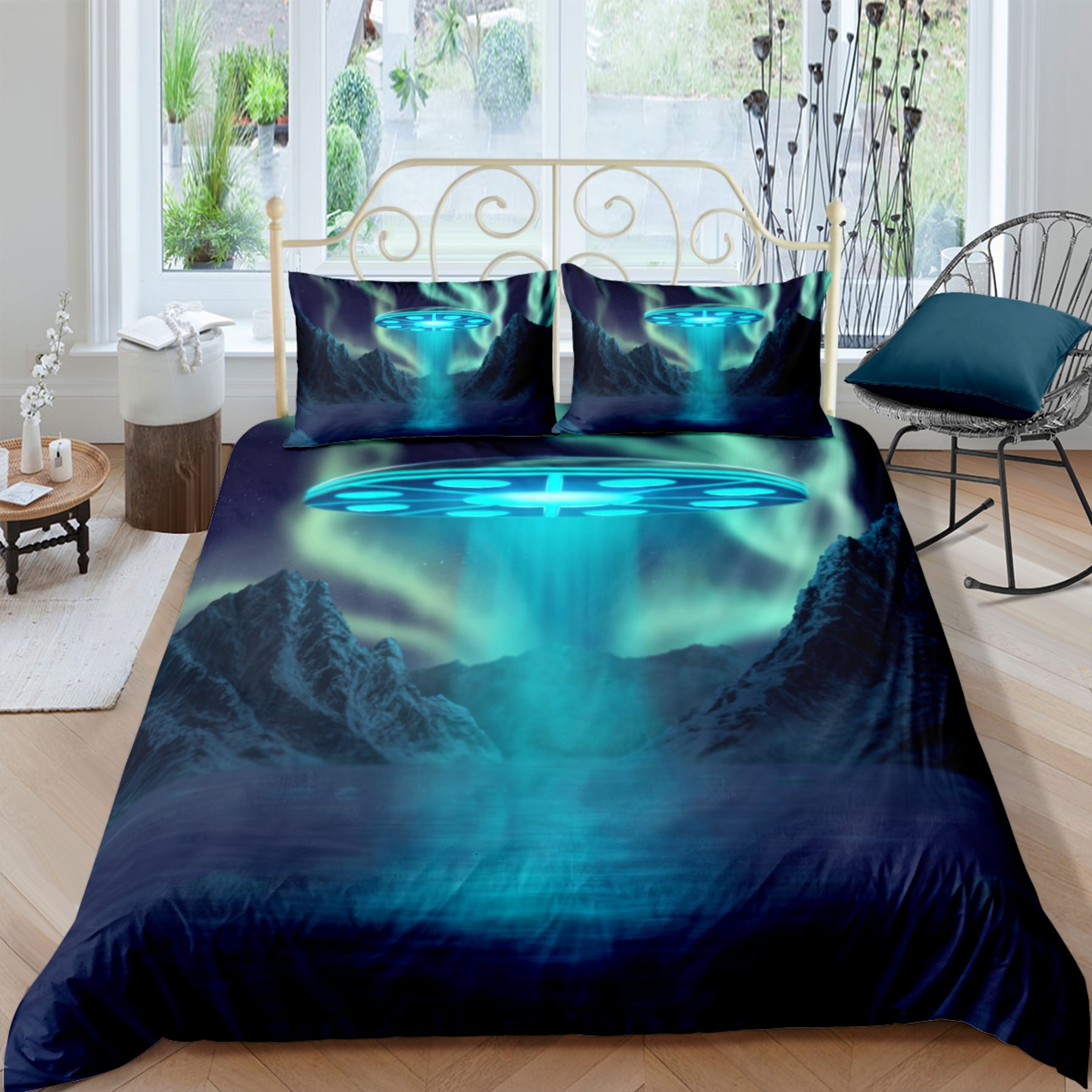 Majestic UFO Night Sky Bedding Set Illuminated Mountains & Northern ...