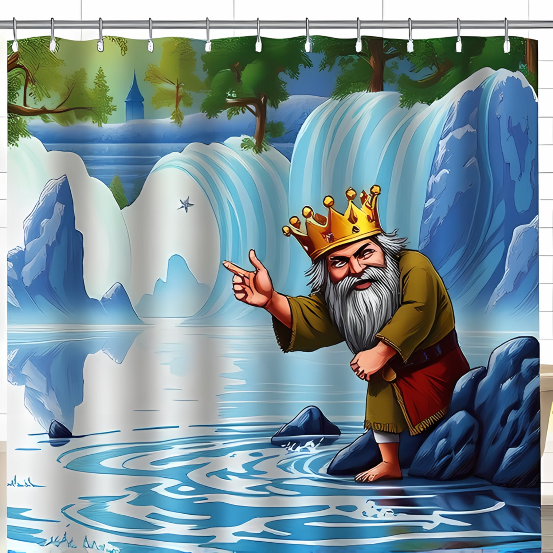 Majestic Waterfall Shower Curtain - King with Golden Crown Green Trees ...