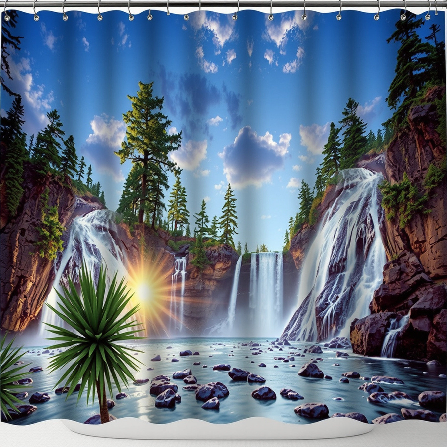 Majestic Waterfall Shower Curtain - Scenic Nature Design with Golden ...