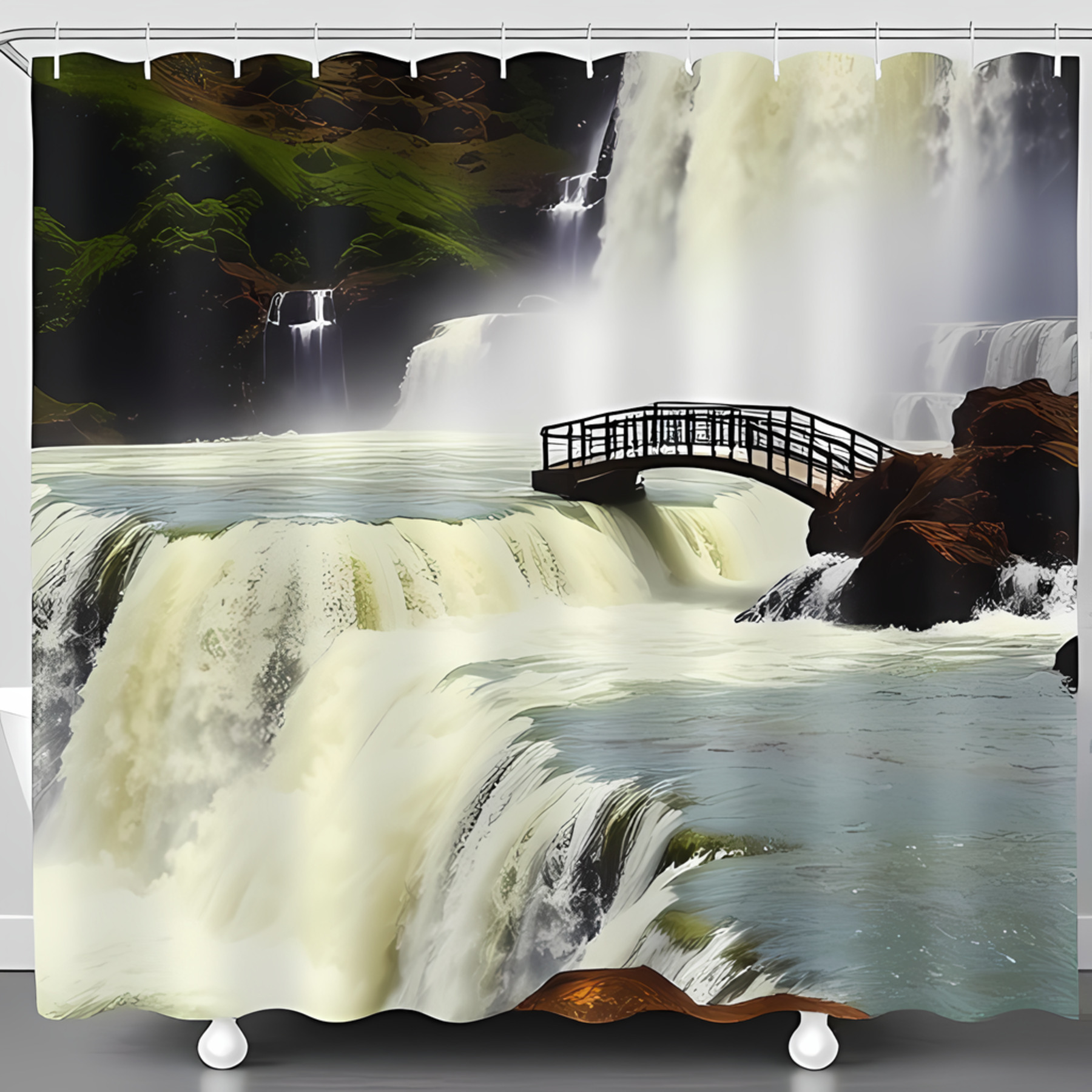 Majestic Waterfall Shower Curtain - Serene Landscape with Rustic Bridge ...
