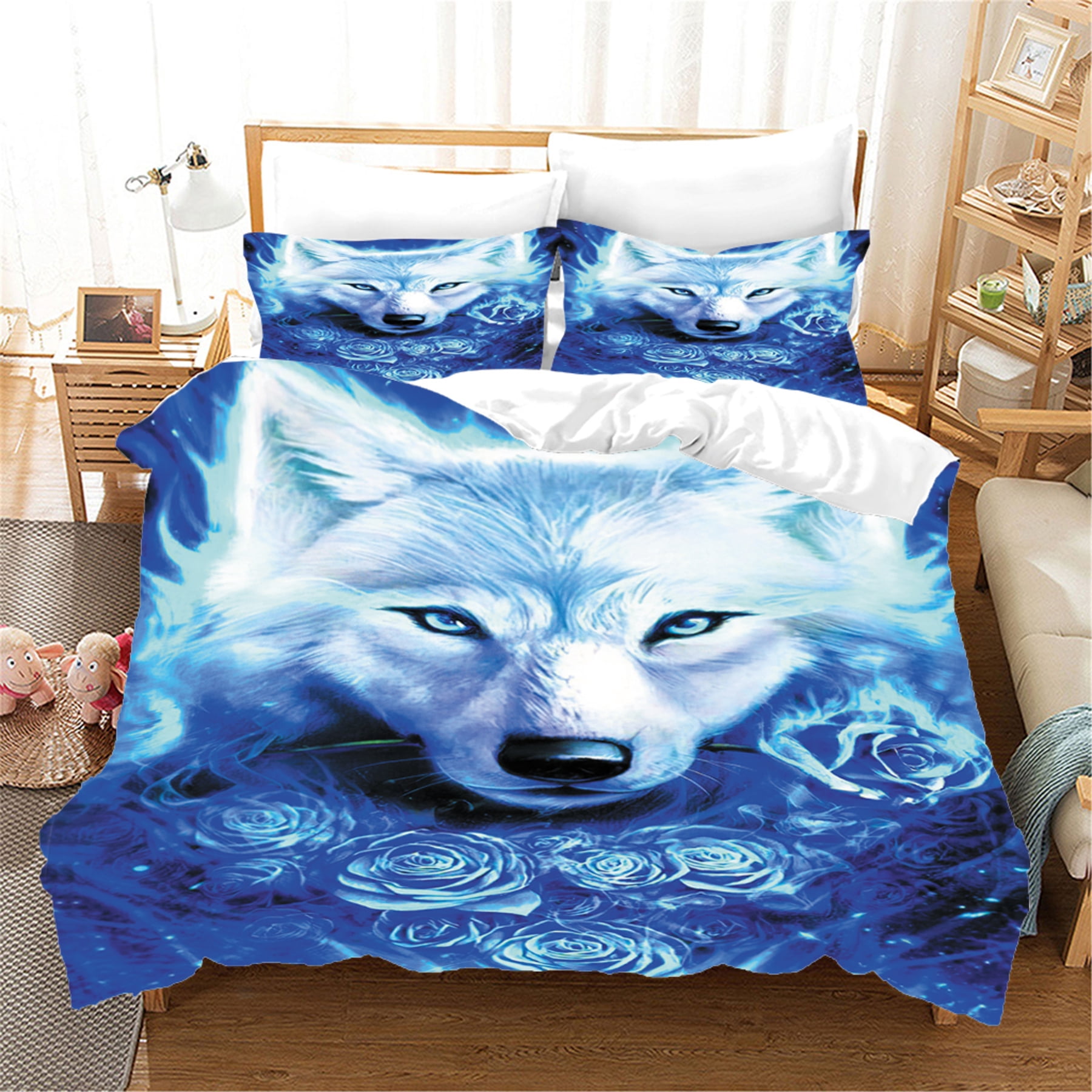 Majestic White Wolf 3-Piece Duvet Cover Set with Blue Flames & Roses ...