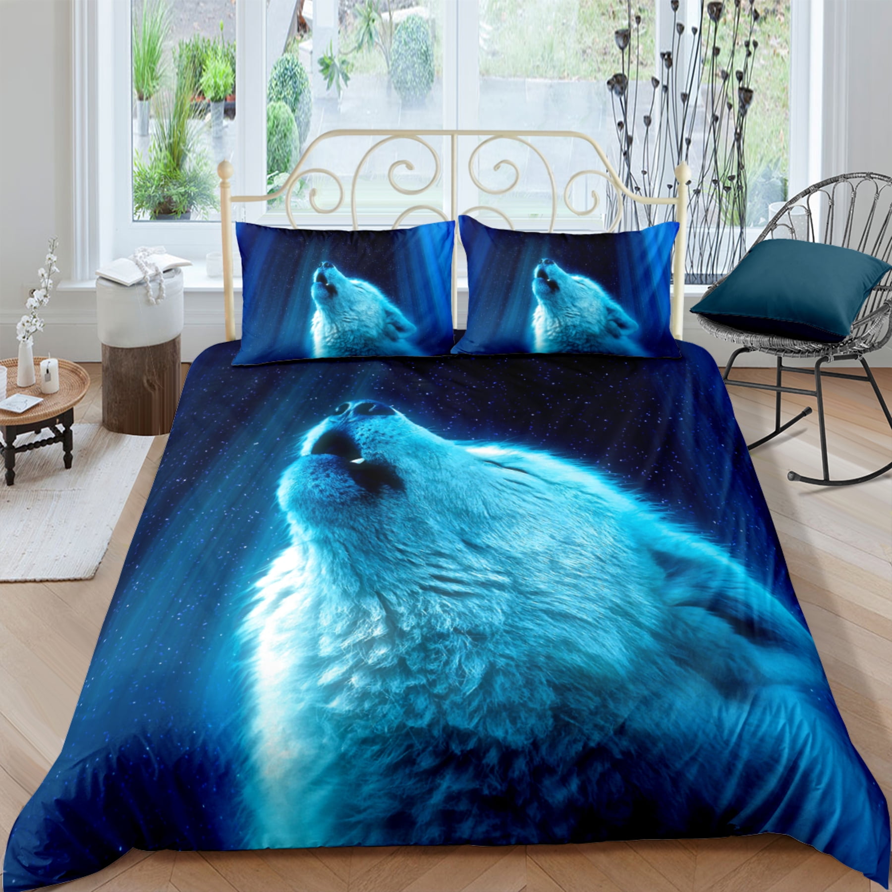 Majestic White Wolf Bedding Set Stunning Blue Design with Starry Night ...