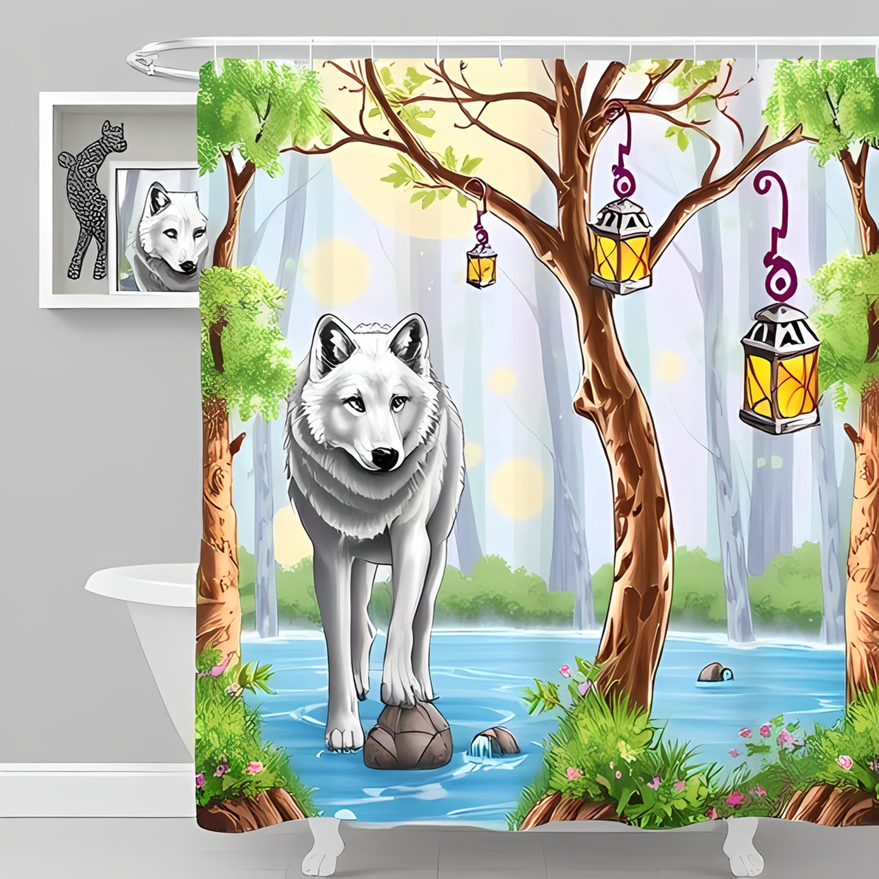 Majestic White Wolf Shower Curtain - Enchanting Forest Scene with ...